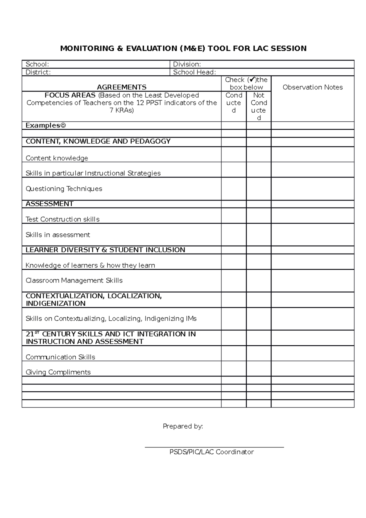 ME Tool for LAC Session - Just Download it. - MONITORING & EVALUATION (M&E) TOOL FOR LAC - Studocu