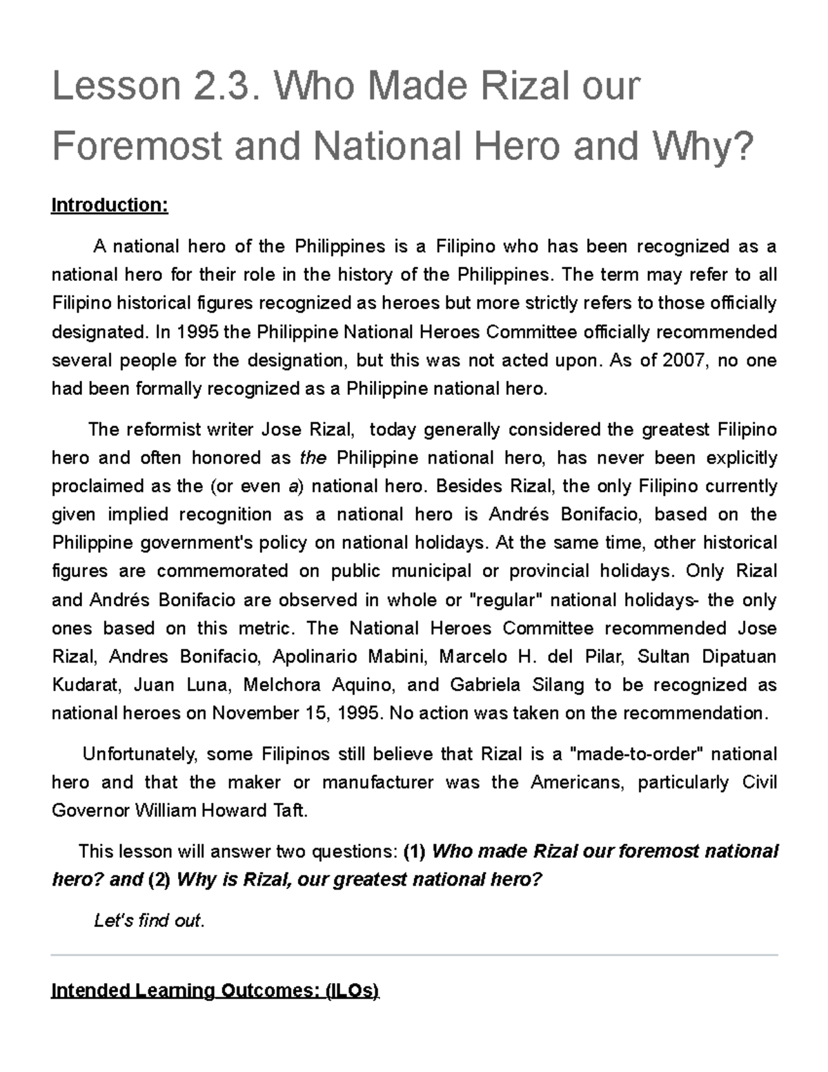 Lesson 2.3. Who Made Rizal our Foremost and National Hero and Why - Lesson 2. Who Made Rizal our ...