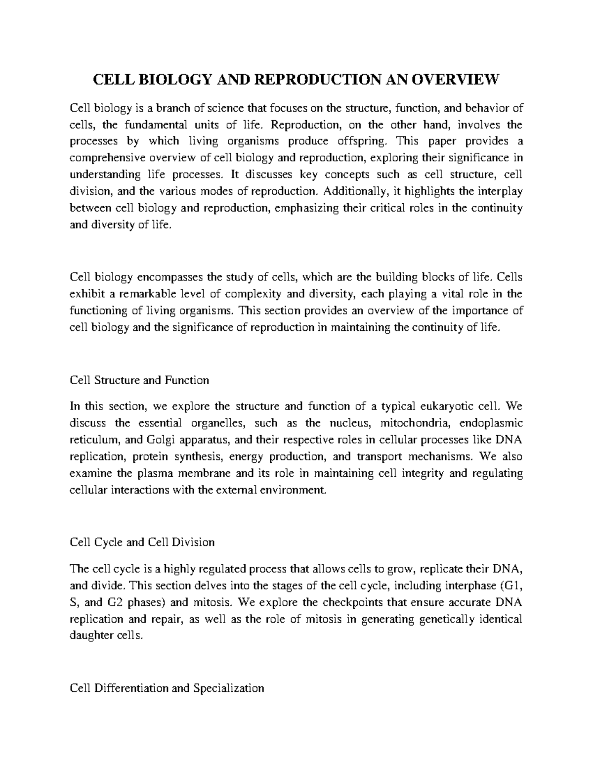 CELL Biology AND Reproduction AN Overview - CELL BIOLOGY AND ...