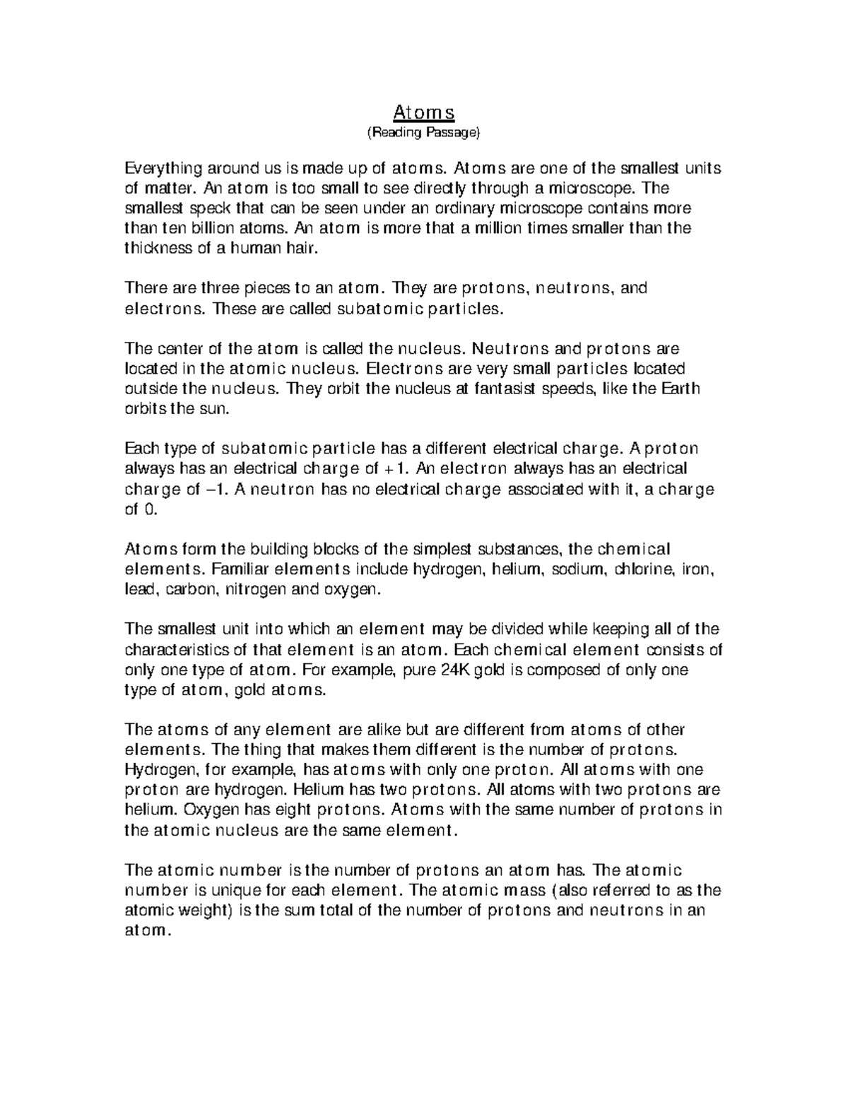 Intro to chem reading with questions - Atoms (Reading Passage ...