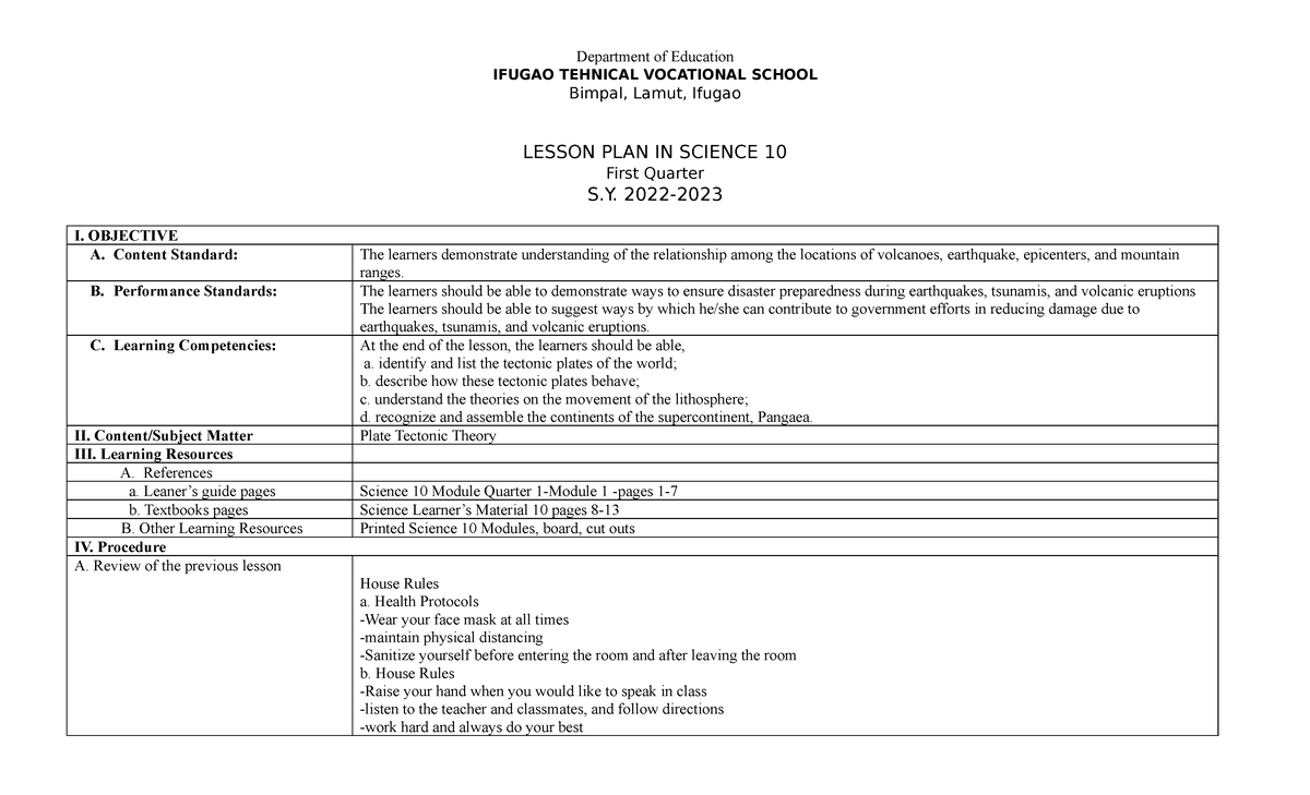 Science 10 LP Module 1 - LESSON PLAN - Department of Education IFUGAO ...