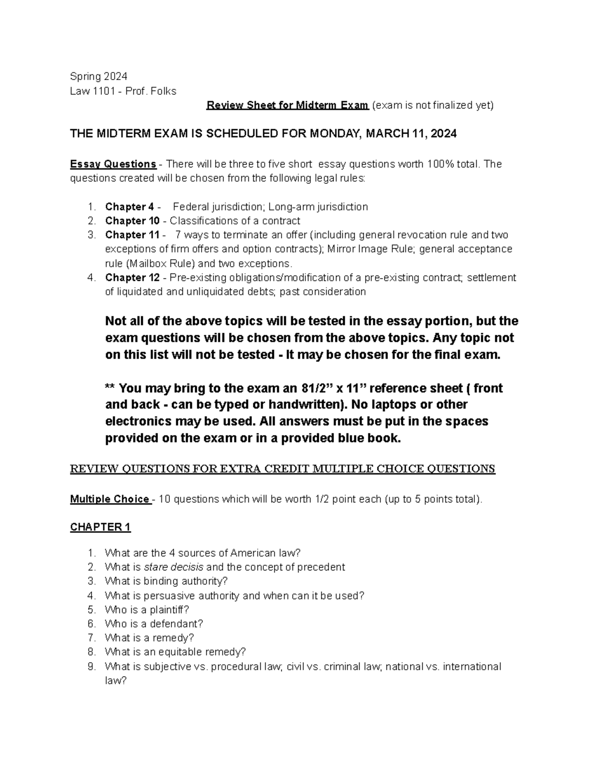 Spring 2024- Review Sheet FOR LAW 1101 Midterm EXAM - Spring 2024 Law ...