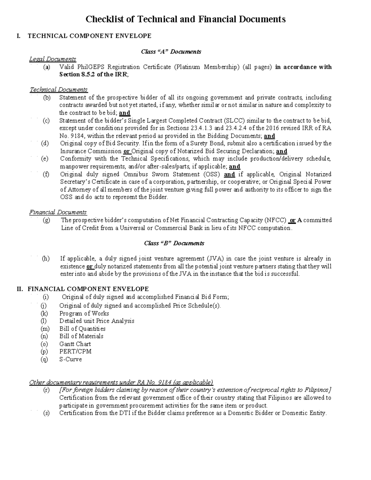 Checklist of Technical and Financial Documents - TECHNICAL COMPONENT ...