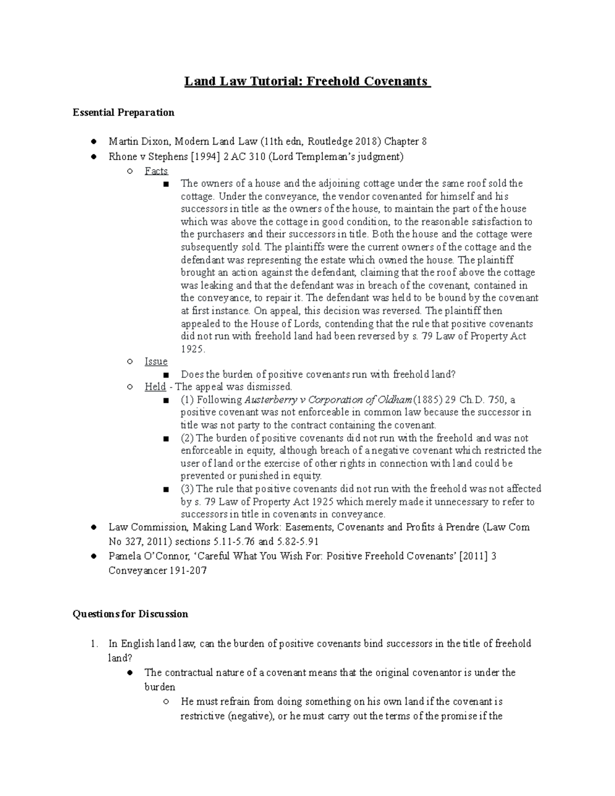 Land Law Tutorial Freehold Covenants - Land Law Tutorial: Freehold ...