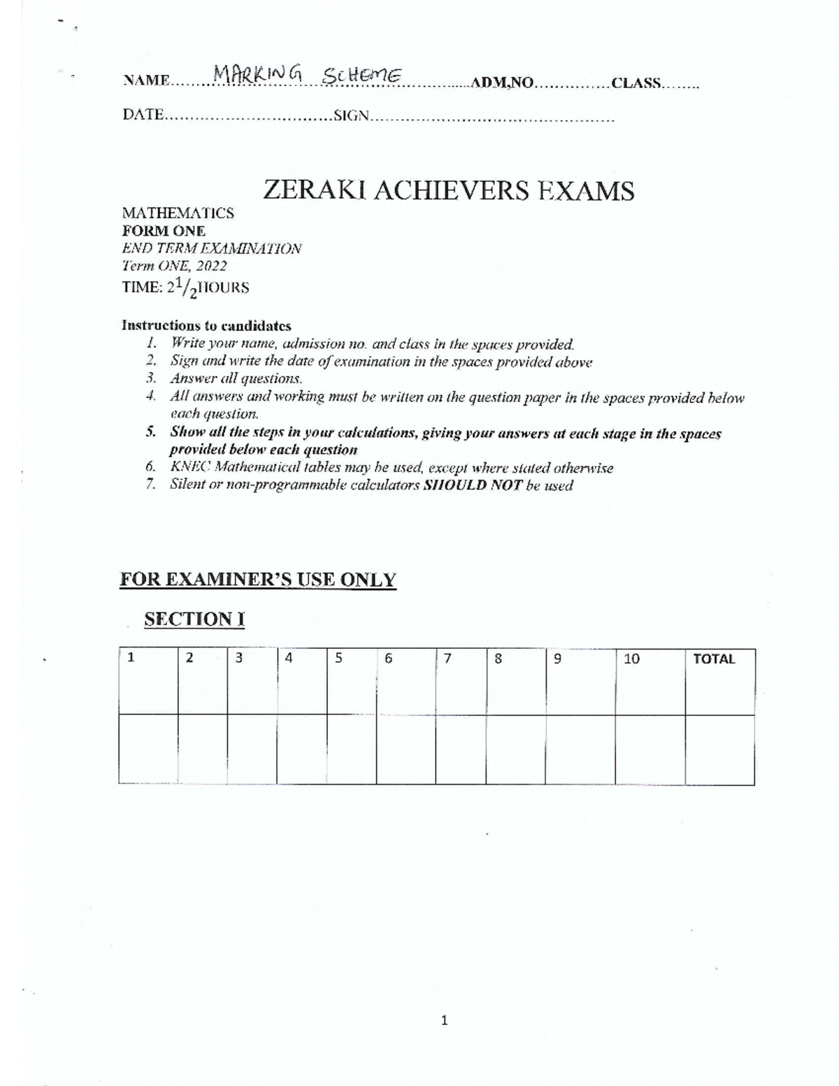 Mathematics - Mathematics Form 1 - Marking Scheme - NAME MARKING SCHEME ...