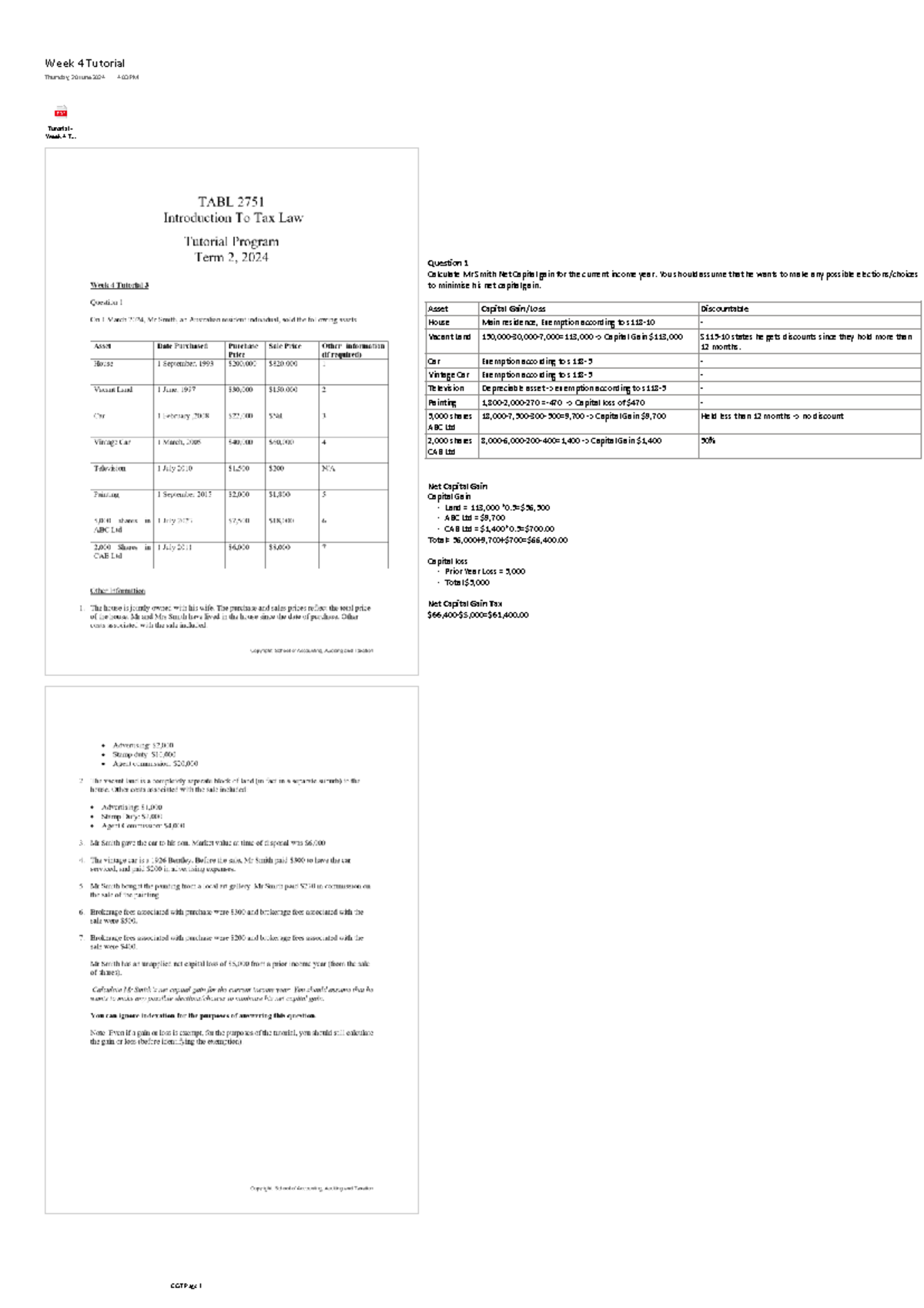 Week 4 Tutorial - Week 4 T.. - Question 1 Calculate Mr Smith Net Capital gain for the current ...