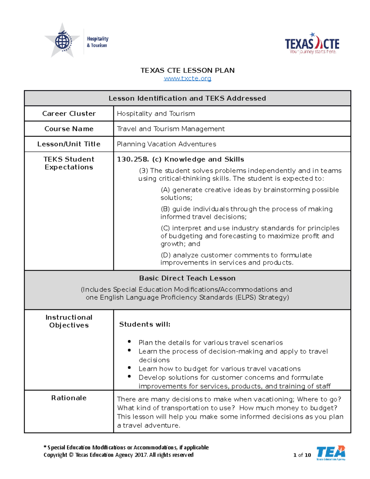 Lesson Plan-Planning Vacation Adventures - TEXAS CTE LESSON PLAN txcte ...
