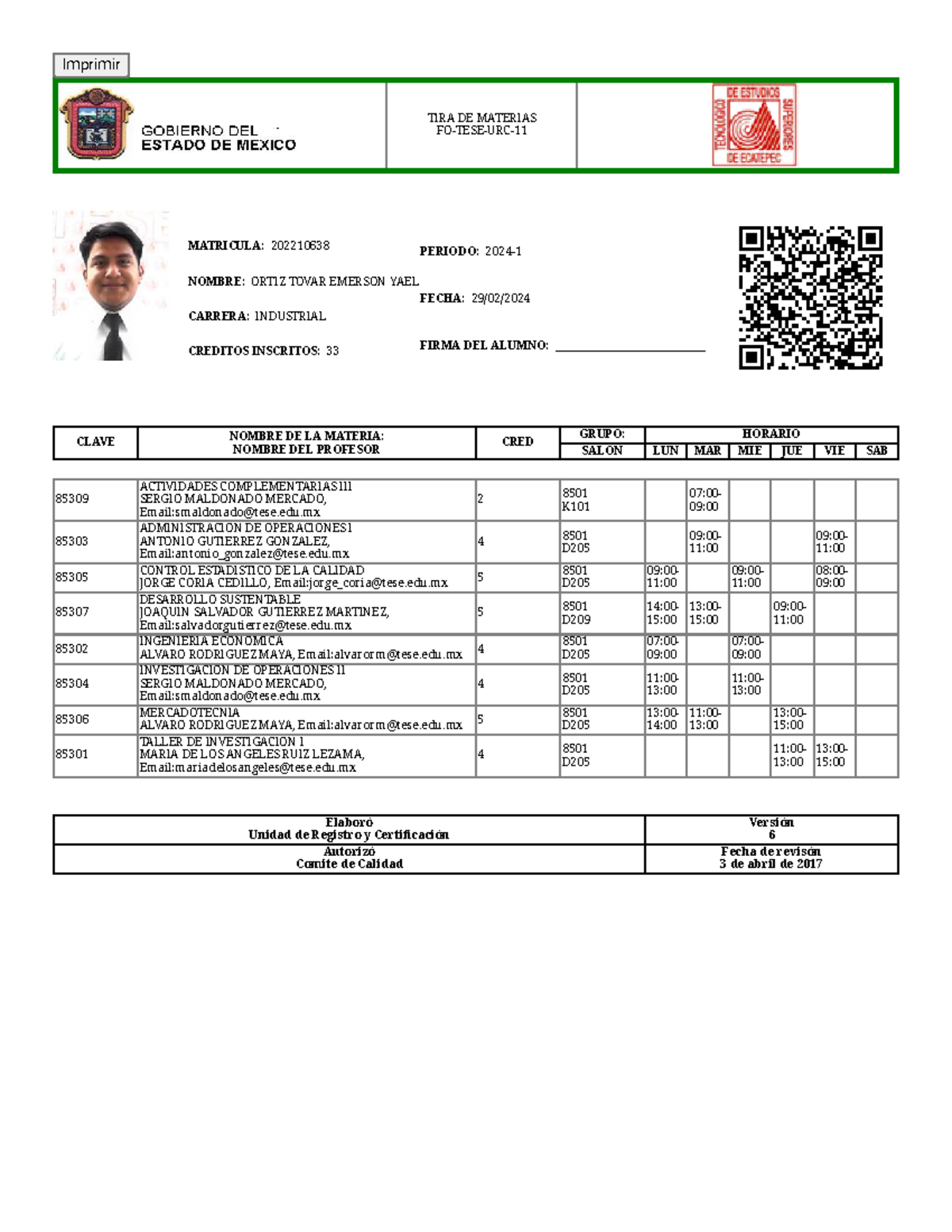 Sistema de Informacion de Control Escolar - Imprimir TIRA DE MATERIAS ...