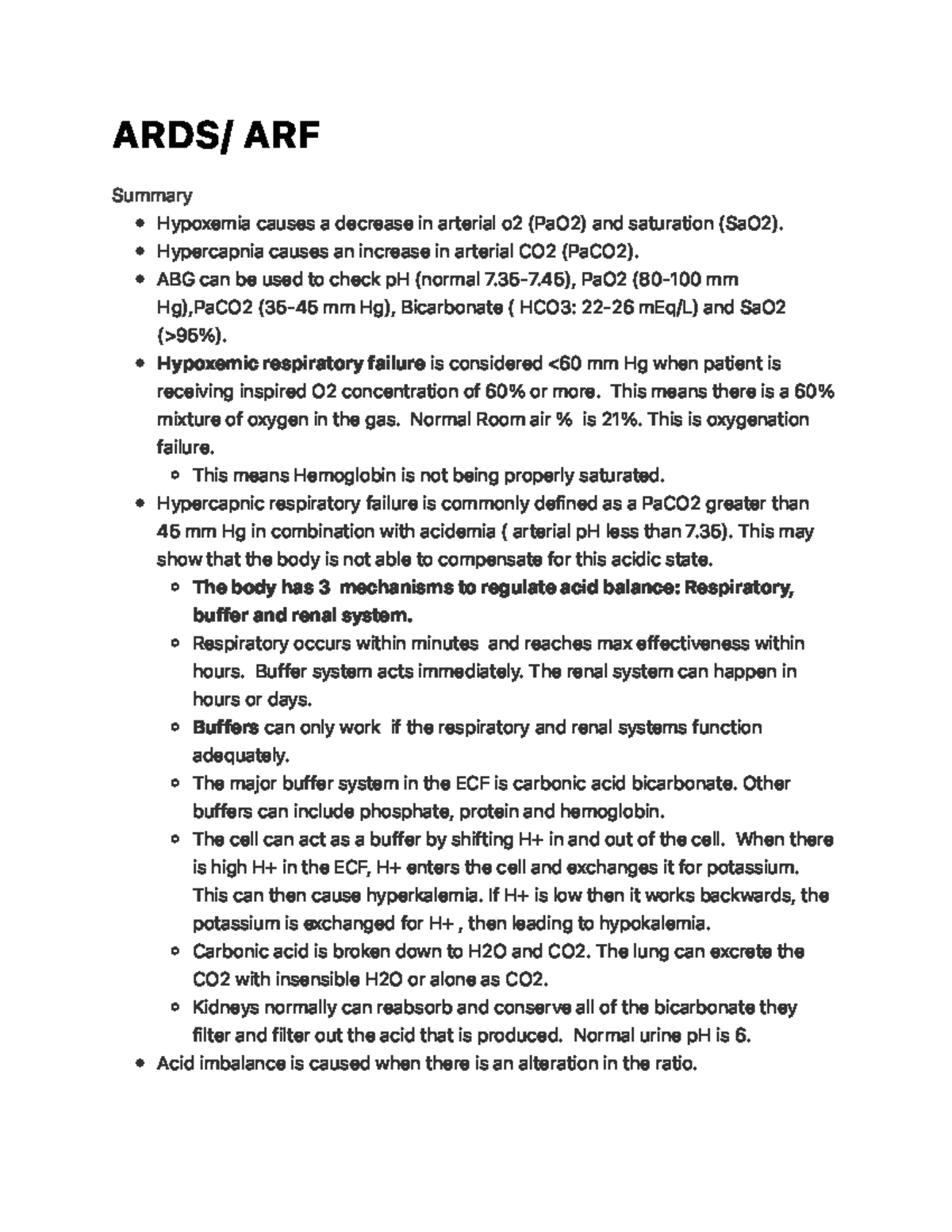 ARDS ARF - Summary For ARDS/ARF - A R D S / A R F Summary Hypoxemia ...