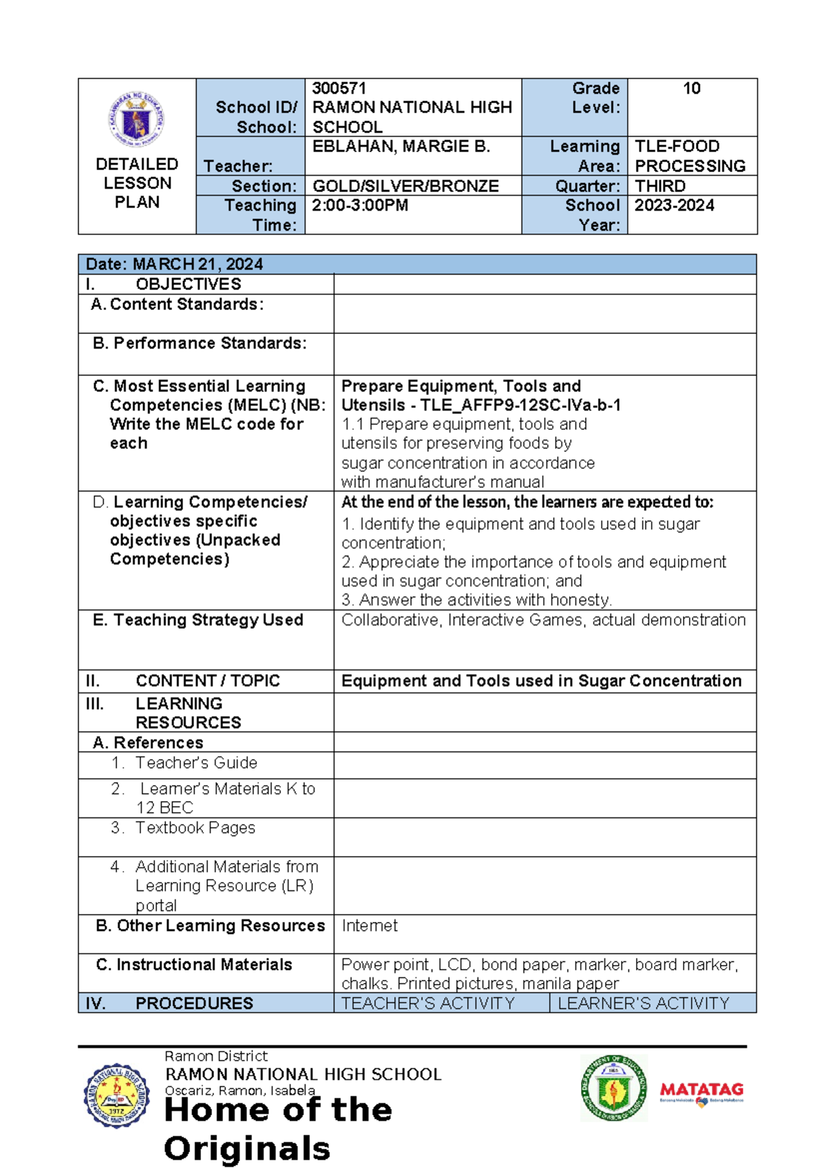 April 2 - detailed lesson plan for food processing - Home of the ...