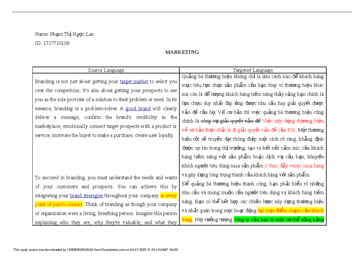 Ng c Lan B i d ch Marketing - Name: Ph m Th Ng c Lanạ ị ọ ID: 1717710109 MARKETING Source ...