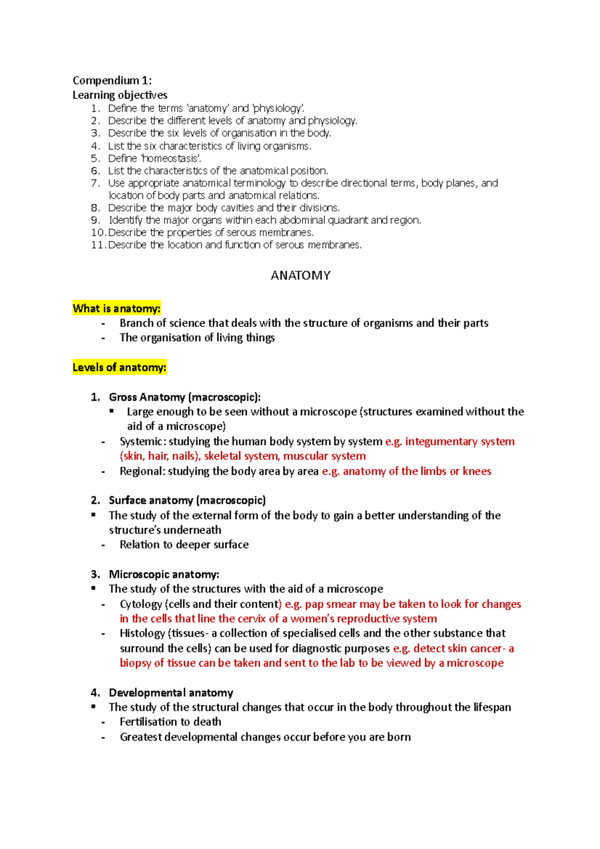 Compendium 1 notes- anatomical position and physiology - Compendium 1 ...