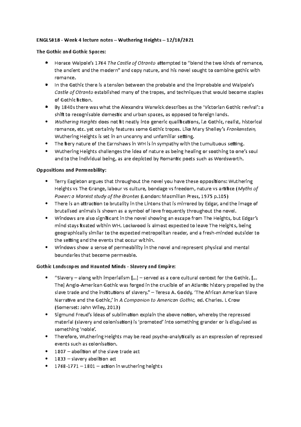 Wuthering heights and Context - ENGL5018 - Week 4 lecture notes ...