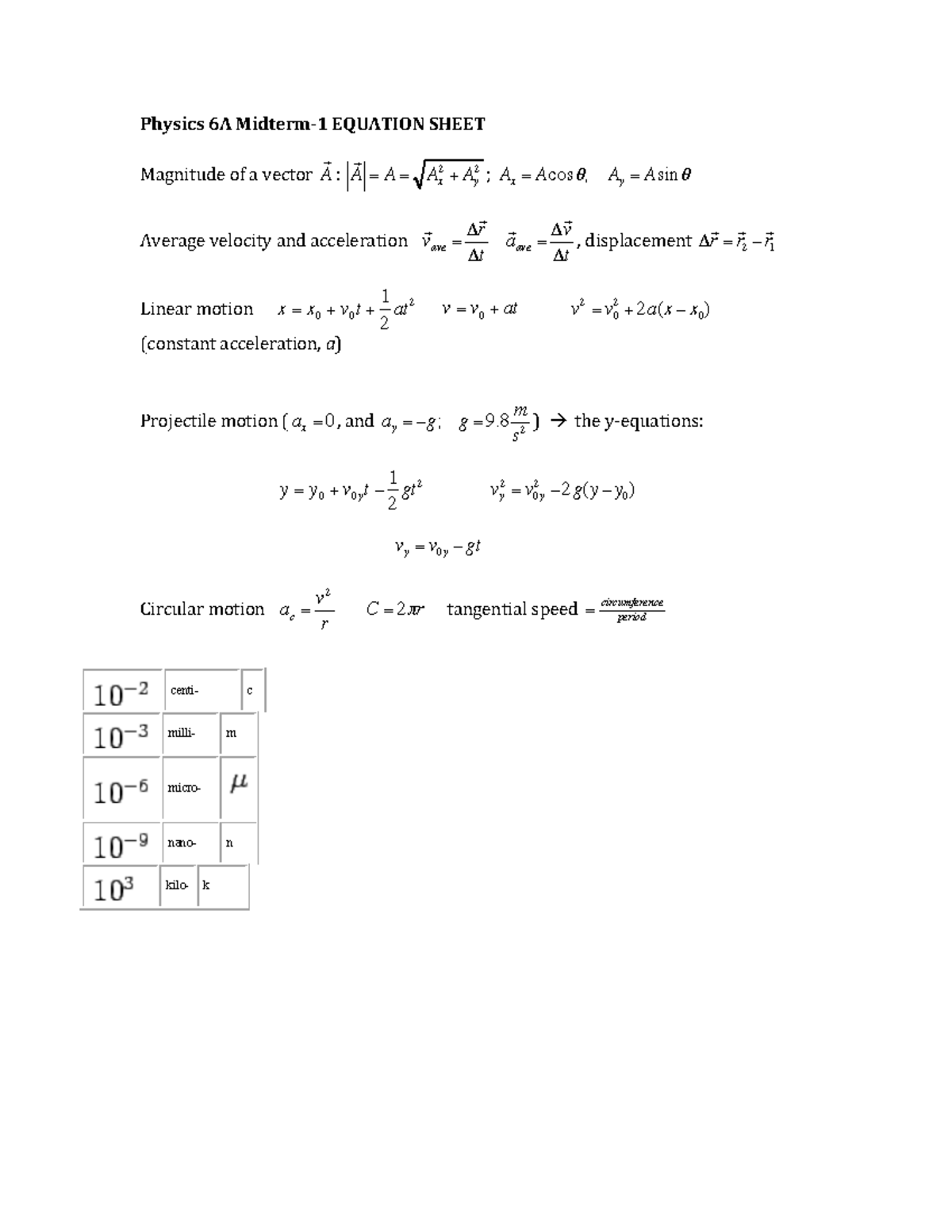 6A Midterm-1 Equation Sheet - Physics 6A Midterm-1 EQUATION SHEET ...