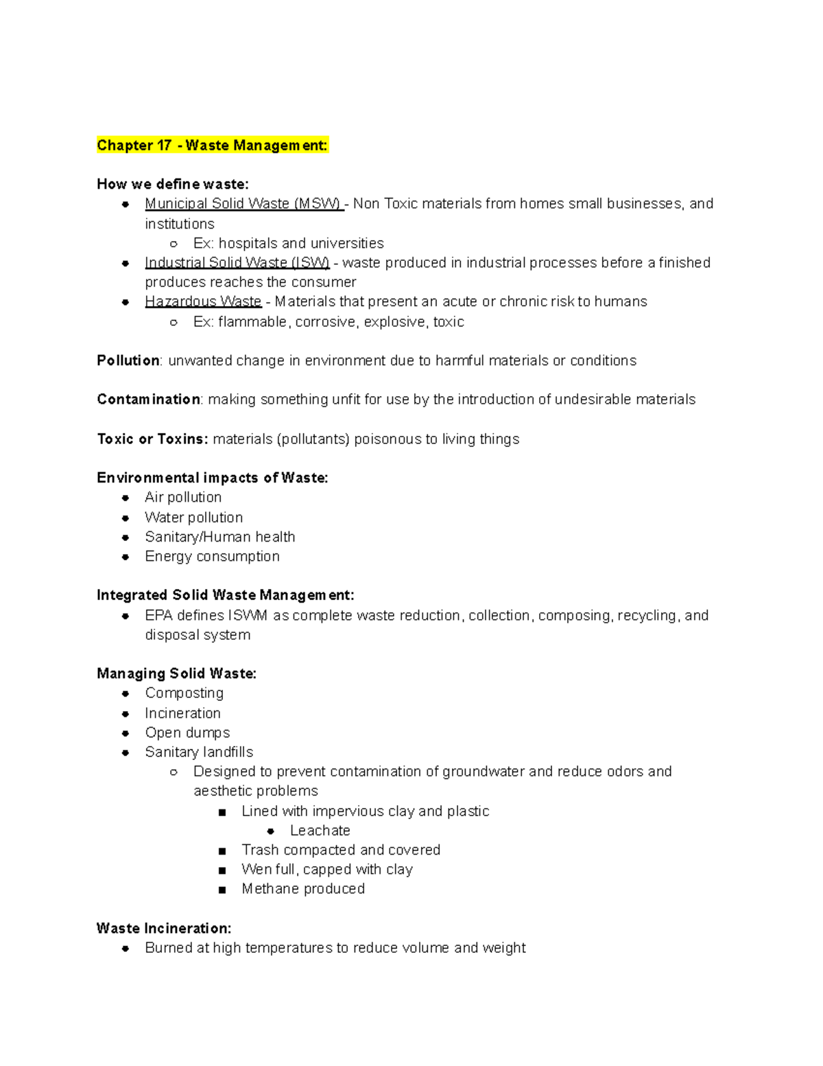The Environment Chapter 17 Notes - Tarek Riad - Chapter 17 - Waste ...