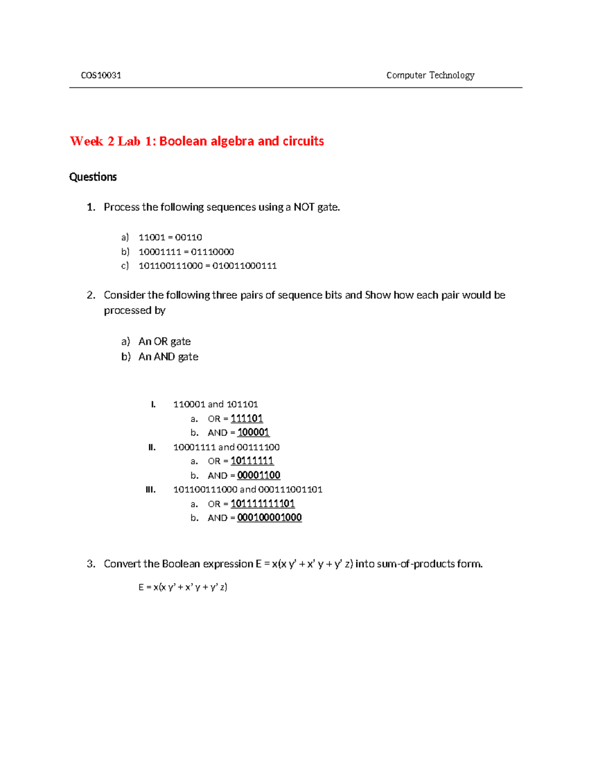 COS10031 - Week 2 Lab 1 - COS10031 Computer Technology Week 2 Lab 1: Boolean algebra and ...