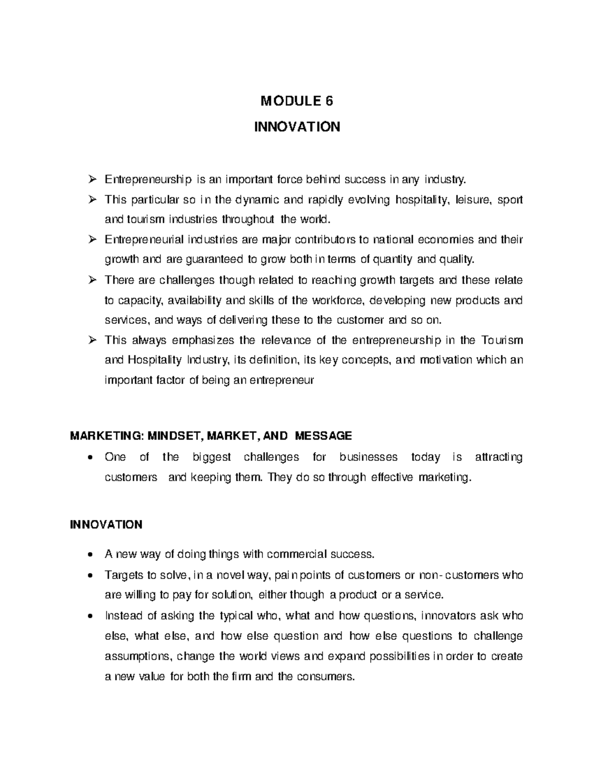 Module 6- Innovation - Lecture notes 1-7 - MODULE 6 INNOVATION ...