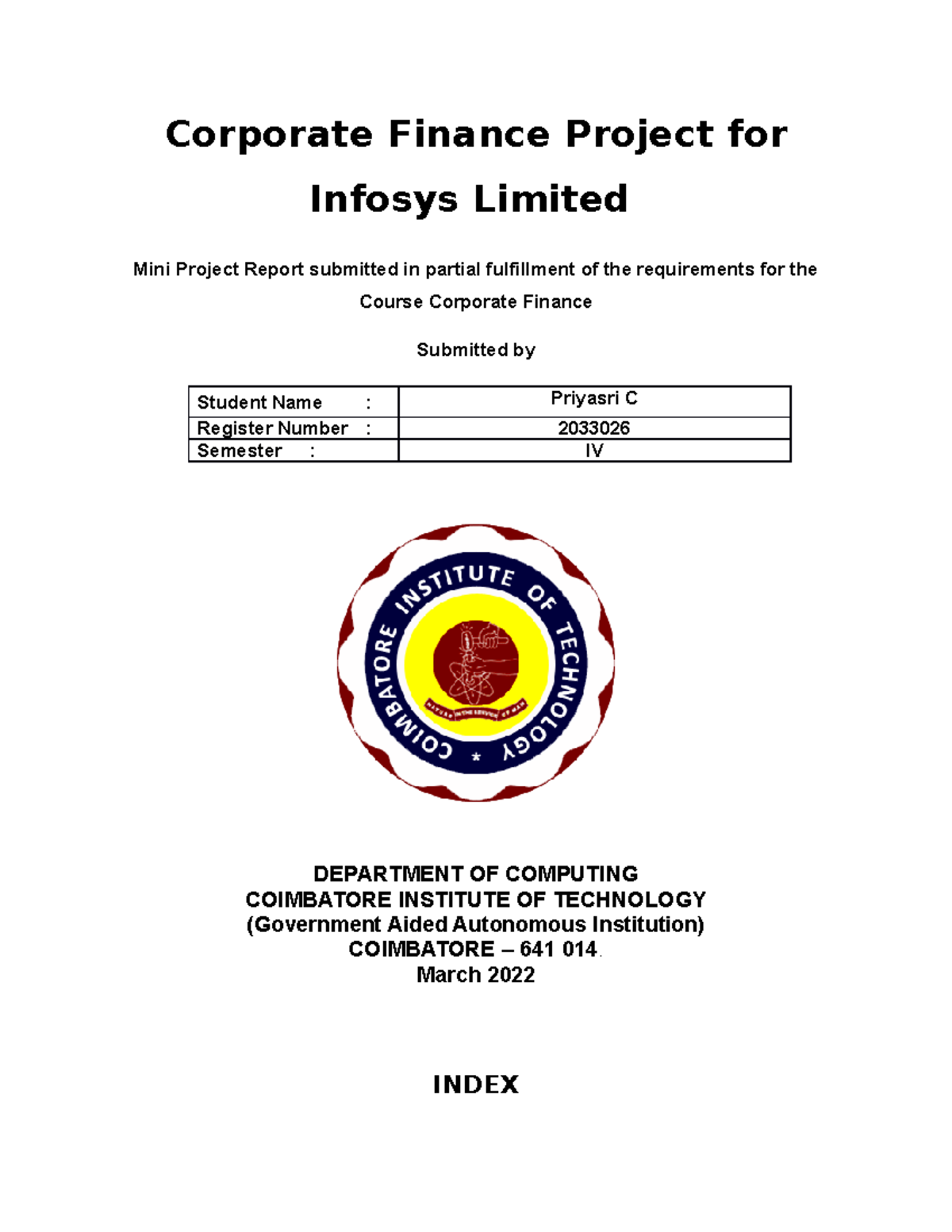 Corporate Finance Mini project - Corporate Finance Project for Infosys ...