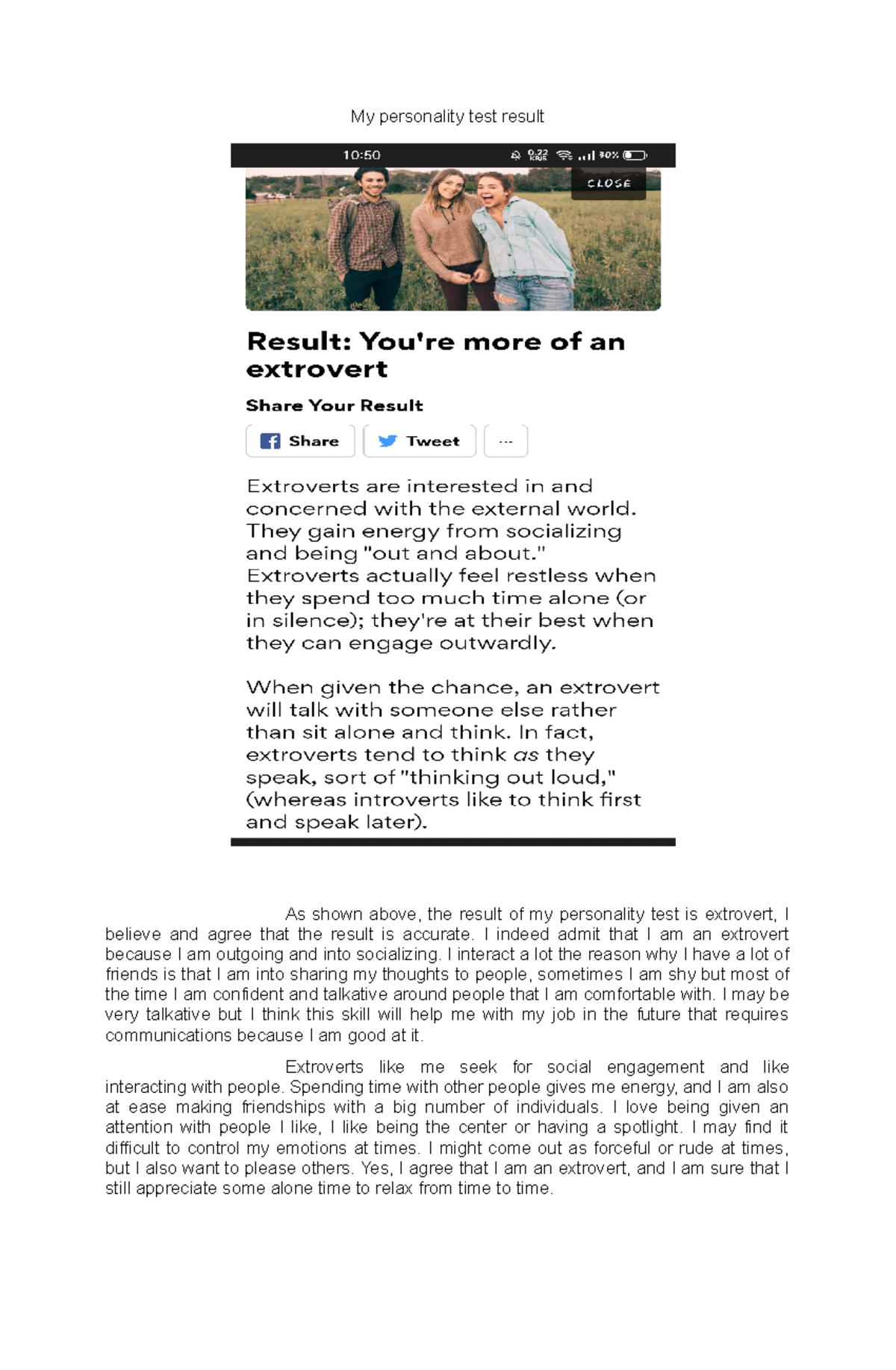 Extrovert - My personality test result As shown above, the result of my ...