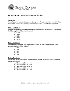 PHY-111 Topic 3 Multiple-Choice Practice Test - © 2021. Grand Canyon ...