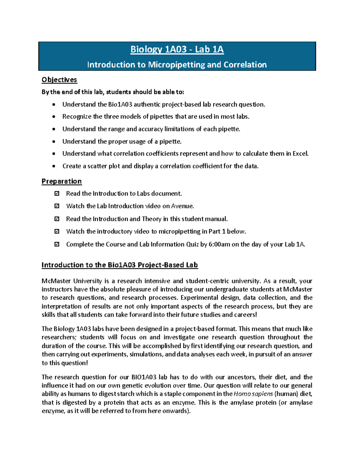 F2021 Lab 1A manual - idk - Biology 1A03 - Lab 1A Introduction to Micropipetting and Correlation ...
