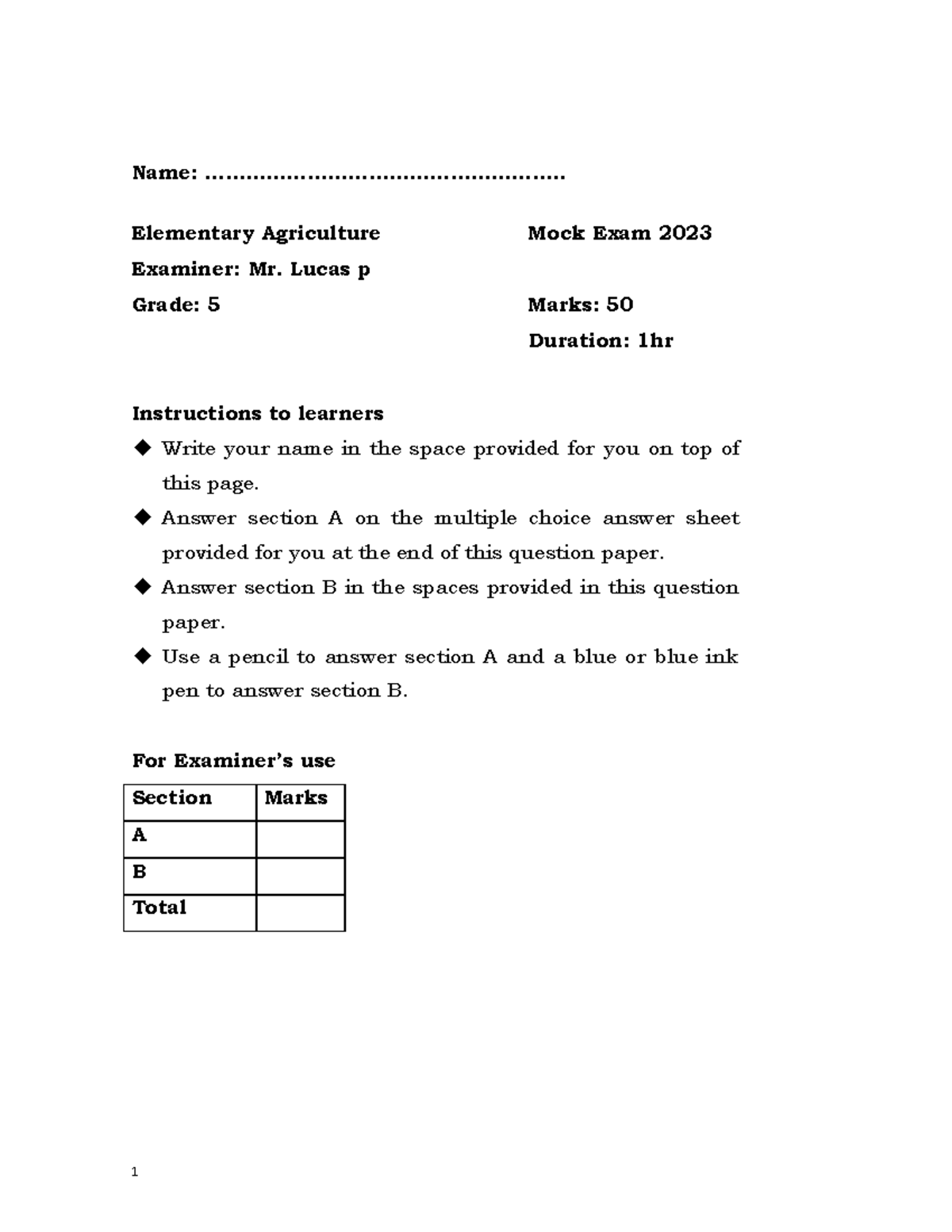 Agriculture Grade 5 exam - Name ...