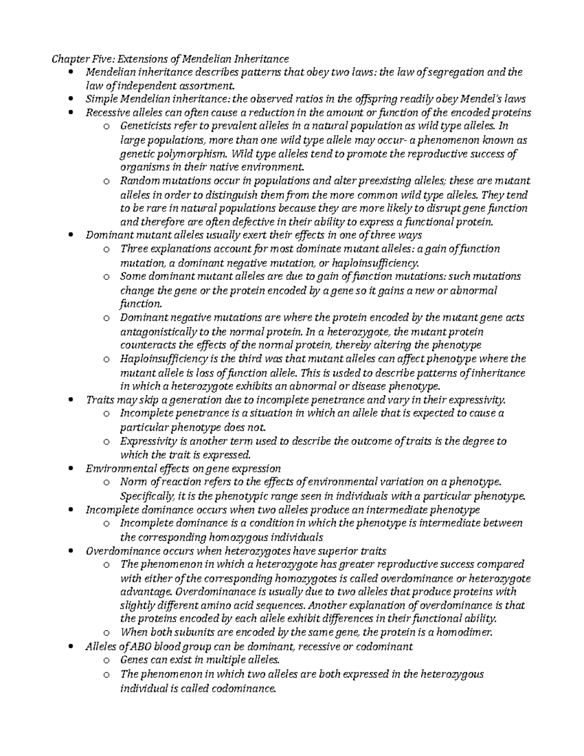 Genetics Test Two study guide - Chapter Five: Extensions of Mendelian ...