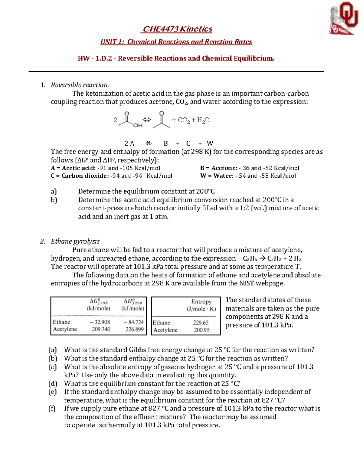 HW 1 D 2 Reversible Reactions and Chemical Equilibrium - CHE4473 ...