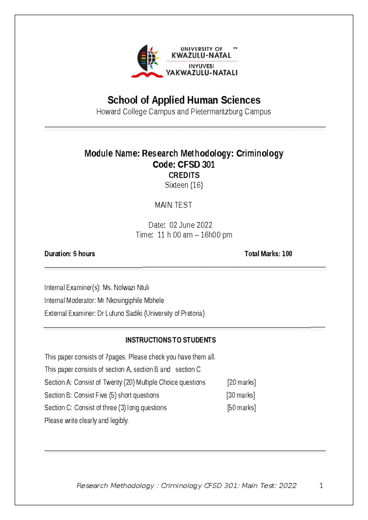 CFSD 301 Test Paper - Exam - School of Applied Human Sciences Howard ...