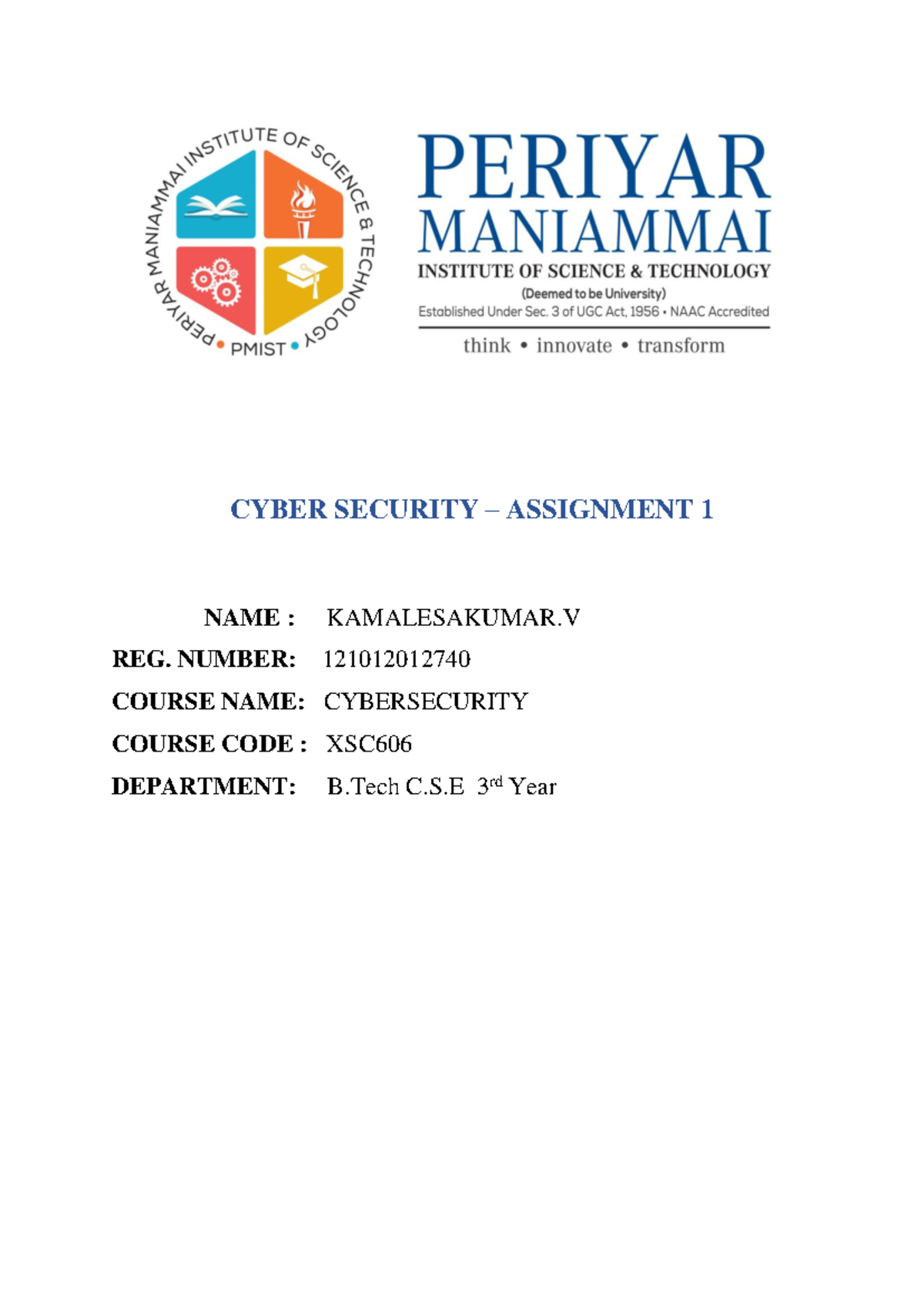 IOT - internet of Things - CYBER SECURITY – ASSIGNMENT 1 NAME ...