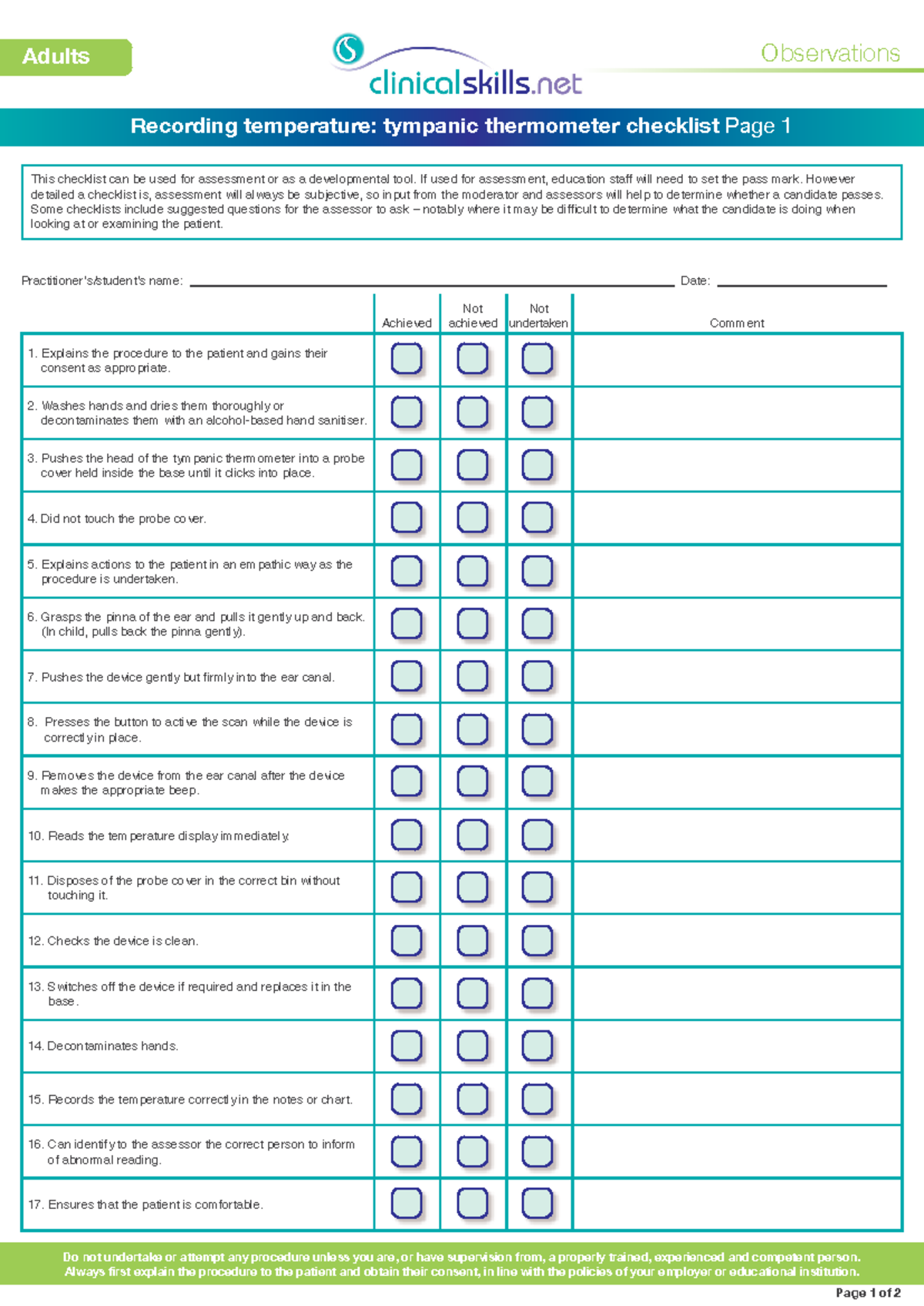 Checklist Adults Recording Temperature Tympanic Thermometer P1 P2 ...