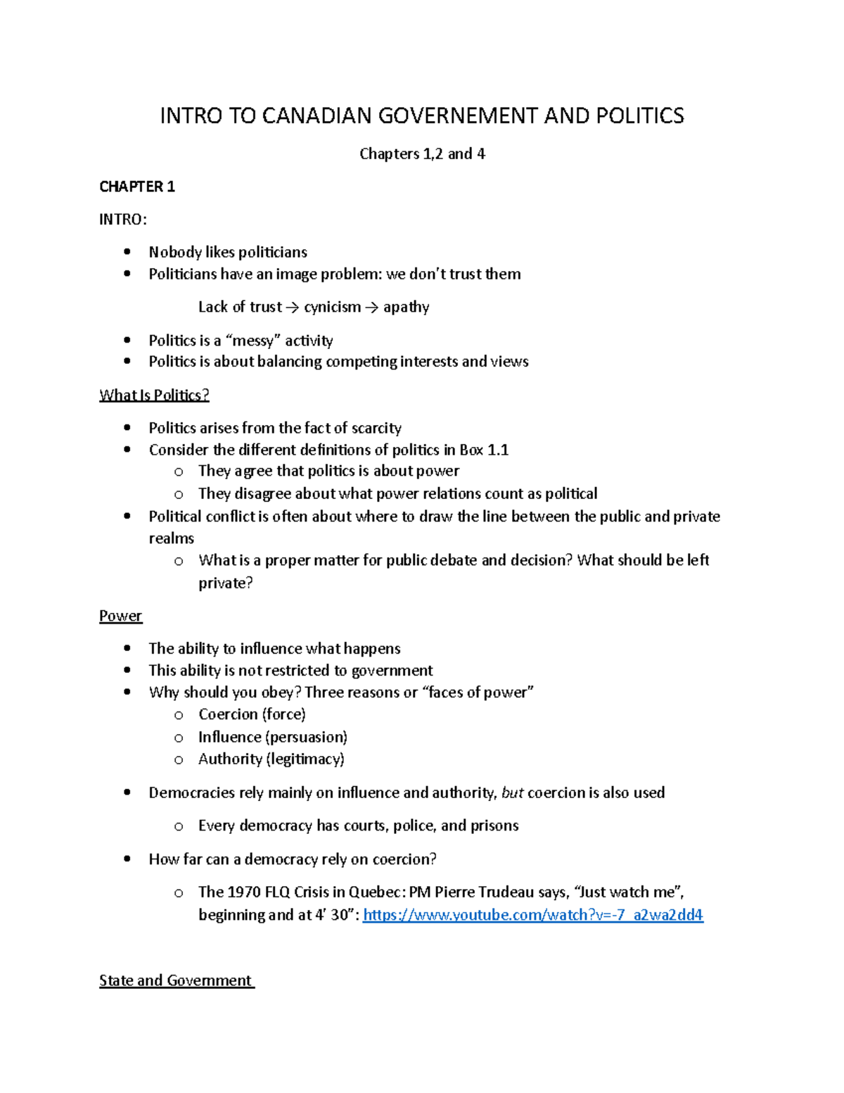 Chapter 1 and 2. - INTRO TO CANADIAN GOVERNEMENT AND POLITICS Chapters ...