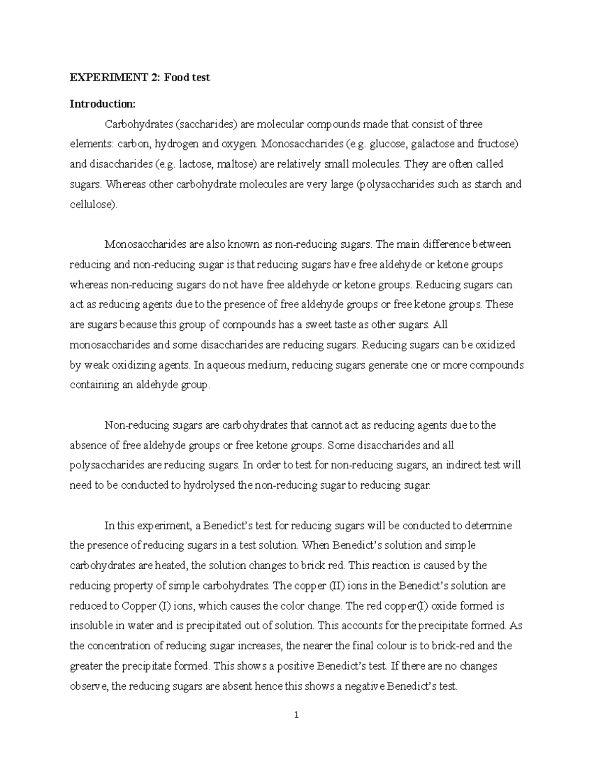 Bio experiment 2 lab report practical - EXPERIMENT 2: Food test ...