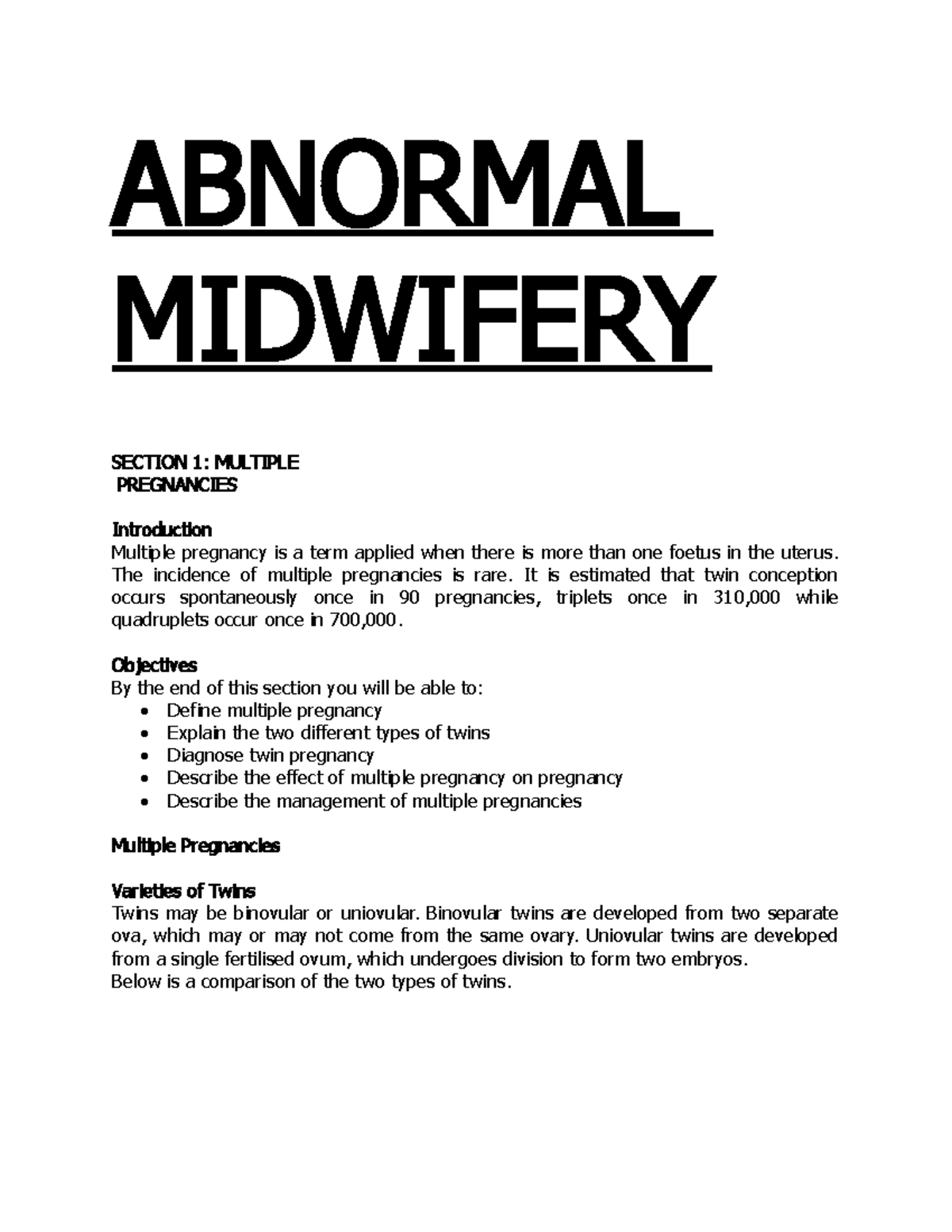 Abnormal Midwifery-1 - ABNORMAL MIDWIFERY SECTION 1 : MULTIPLE ...
