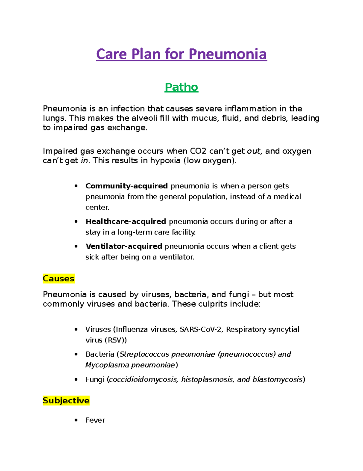 Care Plan for Pneumonia - Care Plan for Pneumonia Patho Pneumonia is an ...
