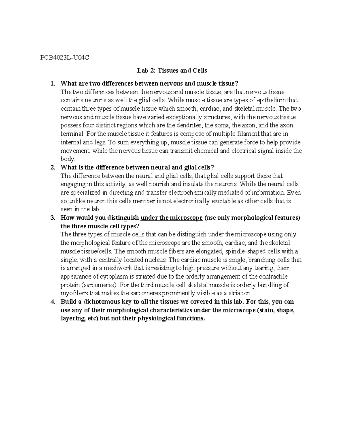 Cell bio lab 2 tissue and cells question - PCB4023L-U04C Lab 2: Tissues ...