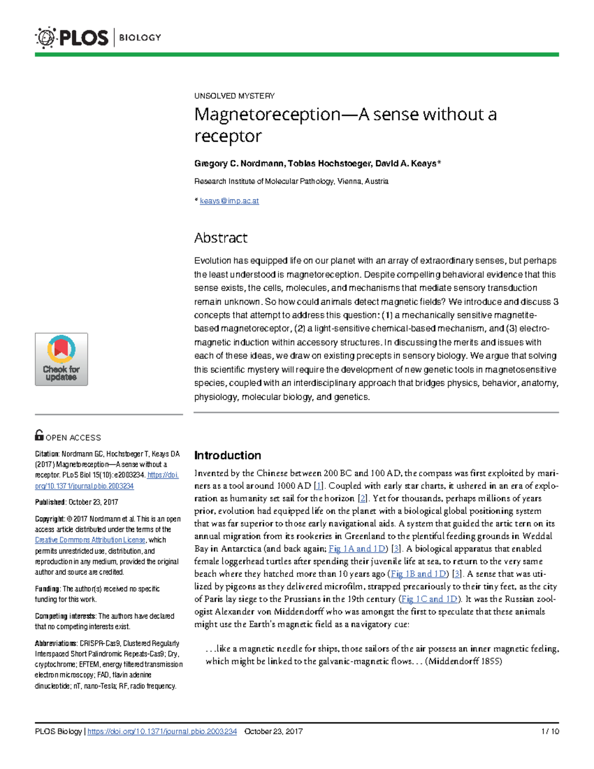 Magnetoreception 1 - biol2070 - UNSOLVED MYSTERY Magnetoreception—A ...