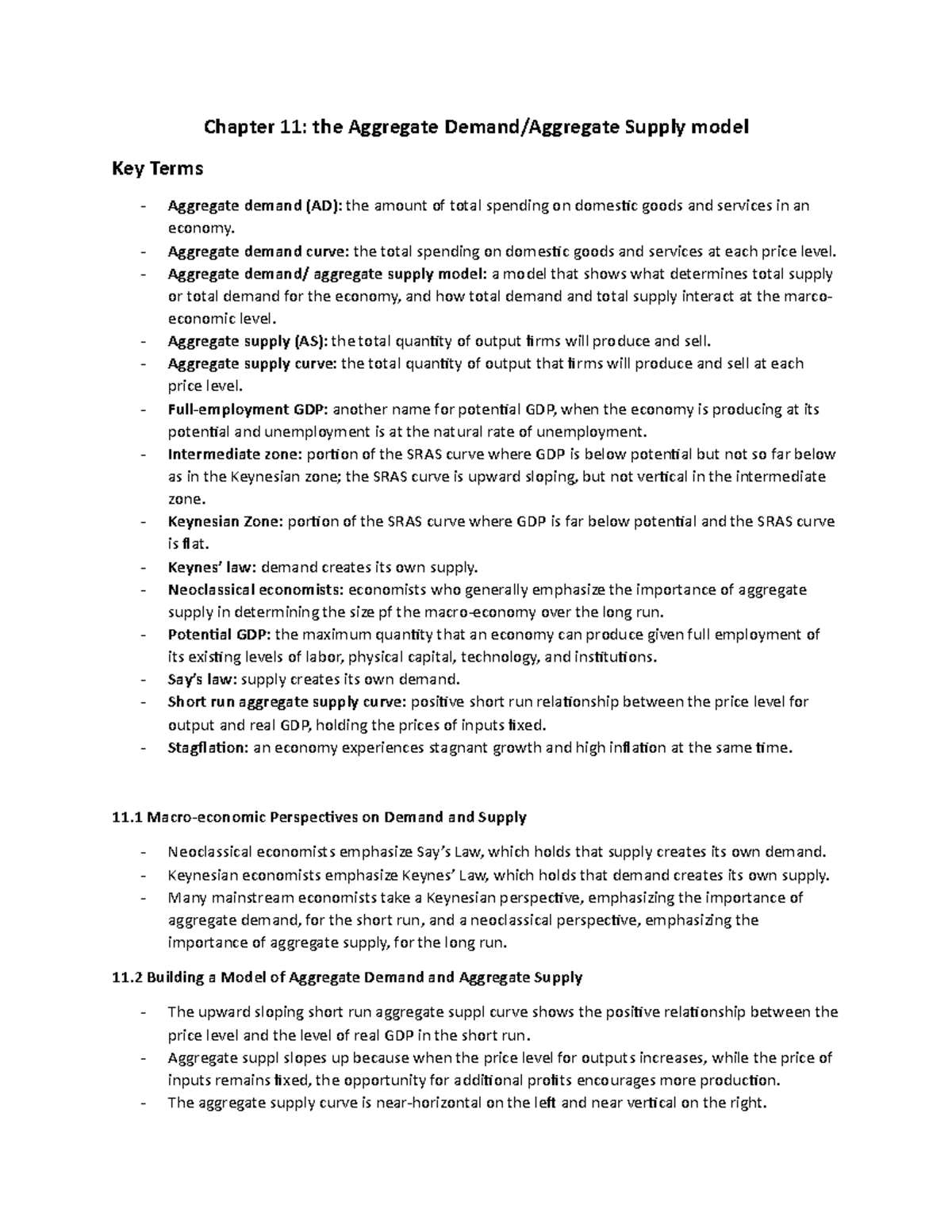 Chapter 11 summary - Chapter 11: the Aggregate Supply model Key Terms ...