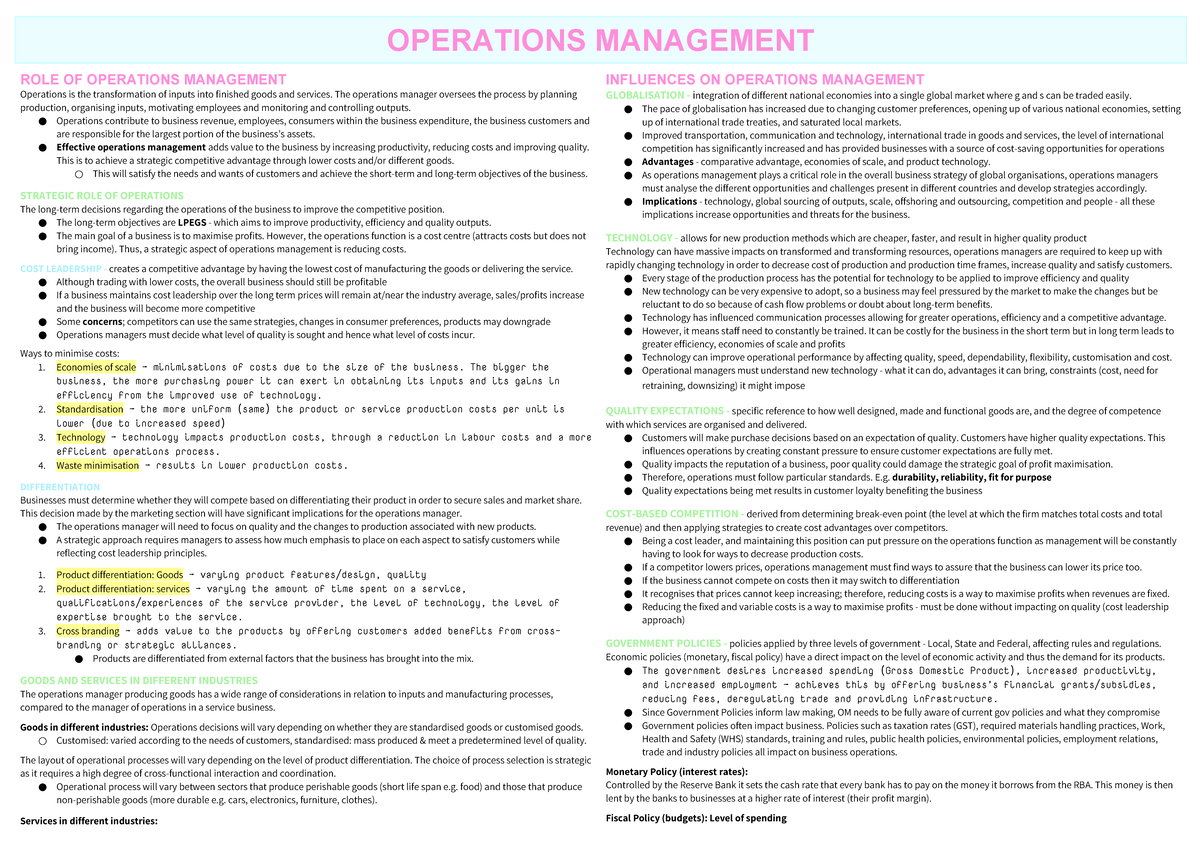 Operations Management A3 Summary - OPERATIONS MANAGEMENT ROLE OF ...