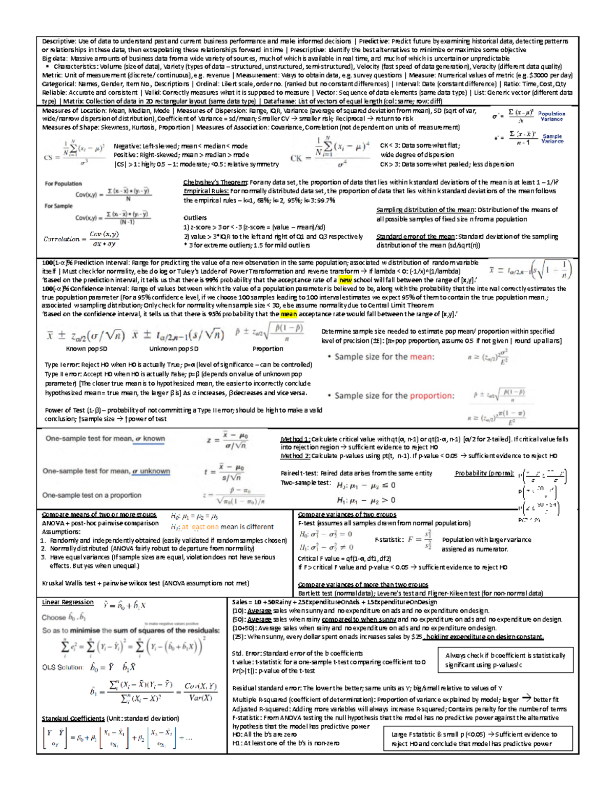 Finals Cheat Sheet - Descriptive: Use of data to understand past and ...