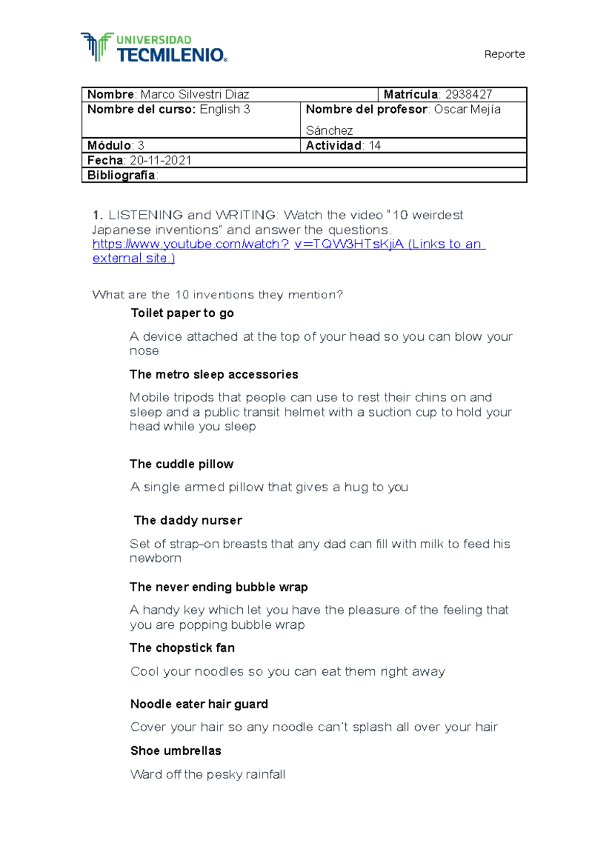English 3 actividad 14 universidad Tecmilenio canvas - Reporte Nombre ...
