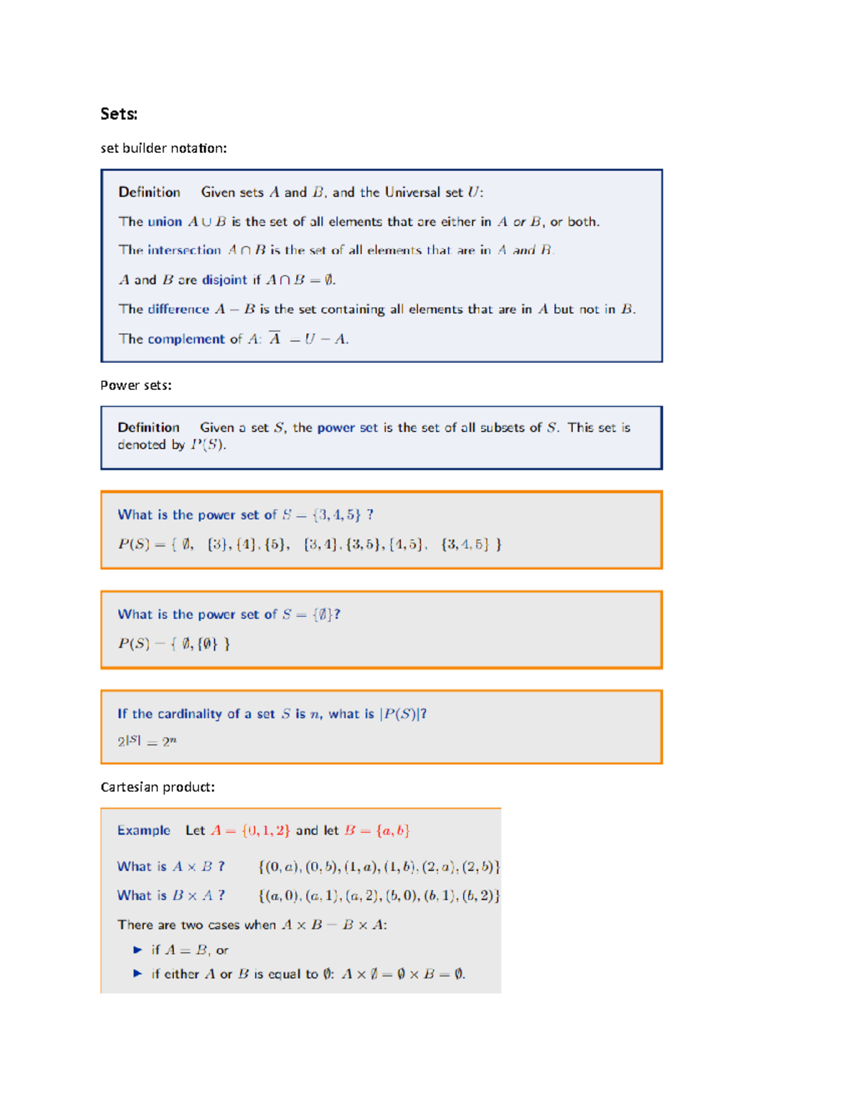Exam cheat sheet used for final - Sets: set builder notation: Power ...