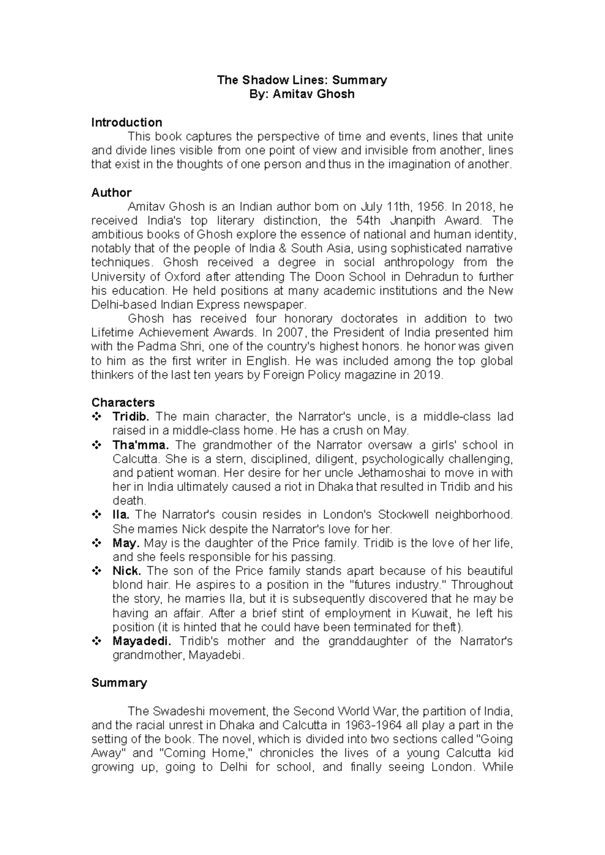 The Shadow Lines - Summary Survey of English and American Literature ...