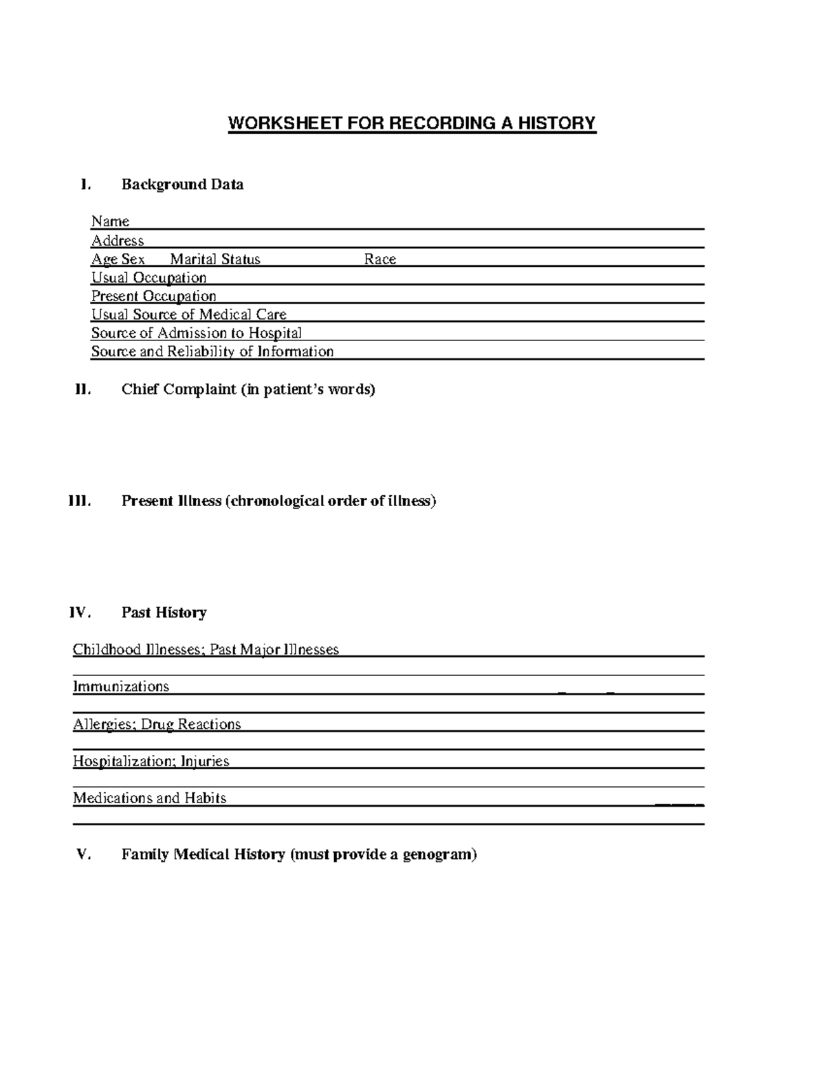 Worksheet FOR Recording A History - WORKSHEET FOR RECORDING A HISTORY I ...