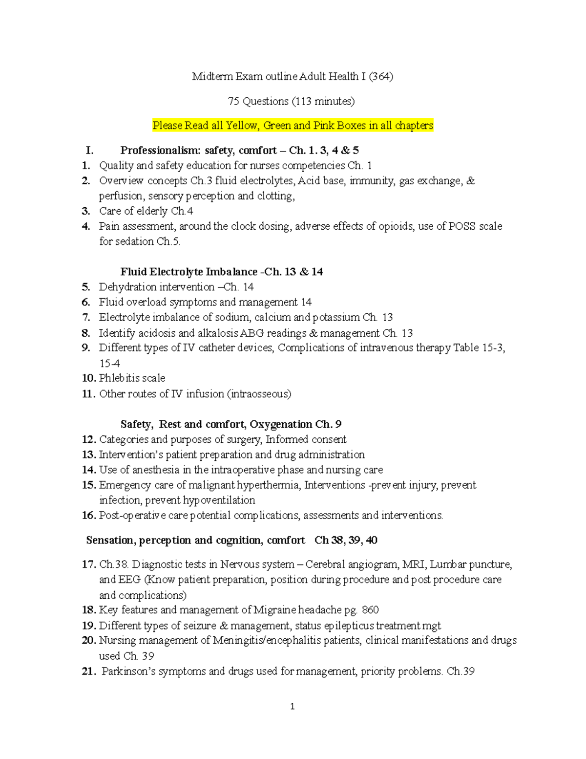 Midterm Exam outline Adult Health I 364 10th edition 1 - Midterm Exam outline Adult Health I ...