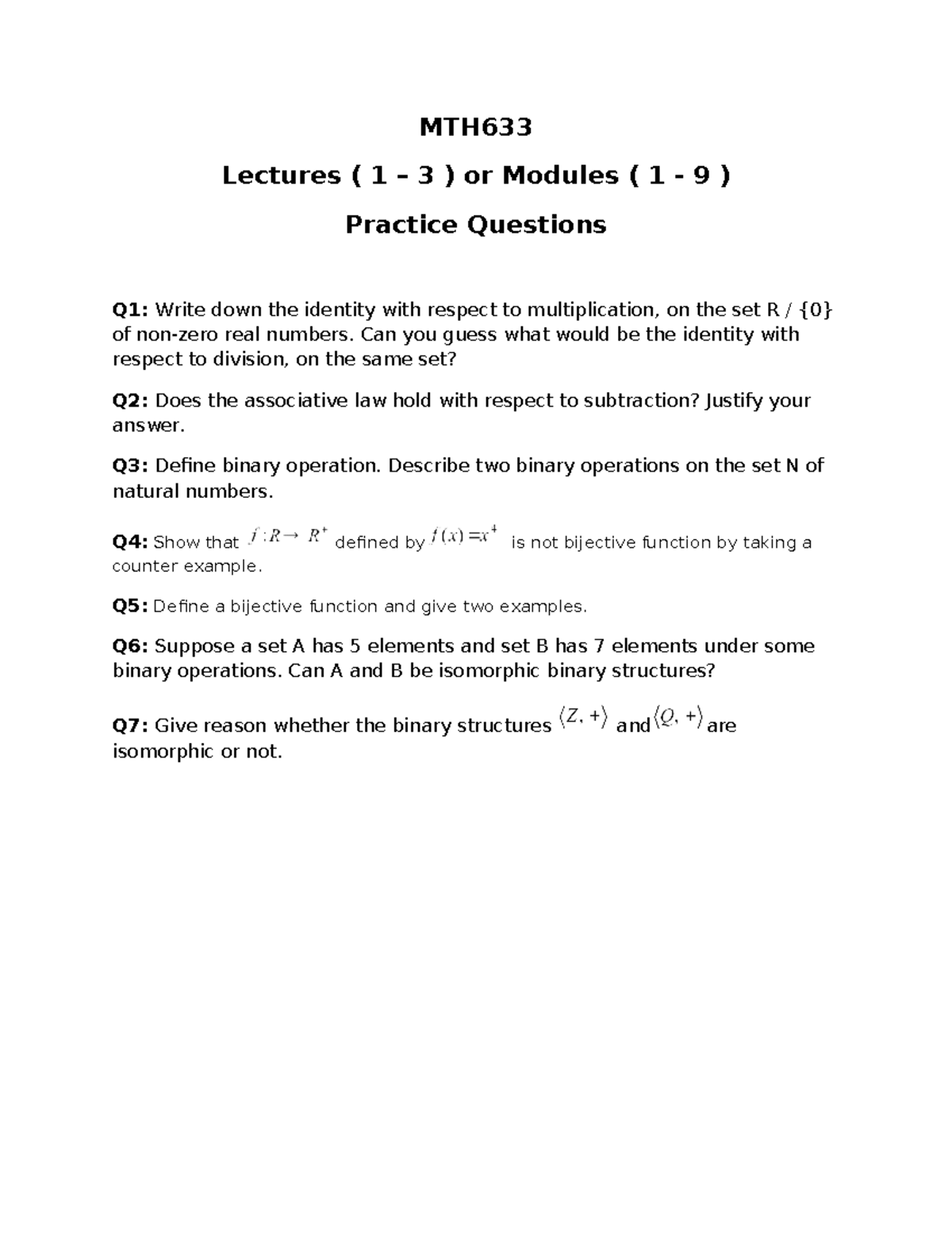 Practice Questions MTH633 Lectures ( 1 - 3) - MTH Lectures ( 1 – 3 ) or Modules ( 1 - 9 ...