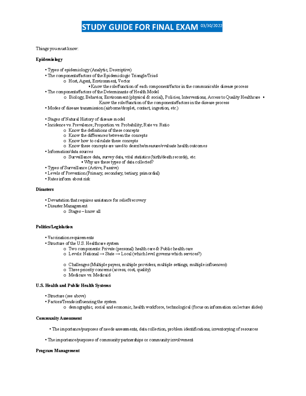 Final Study Guide Spring 2022 - STUDY GUIDE FOR FINAL EXAM 03/30 ...