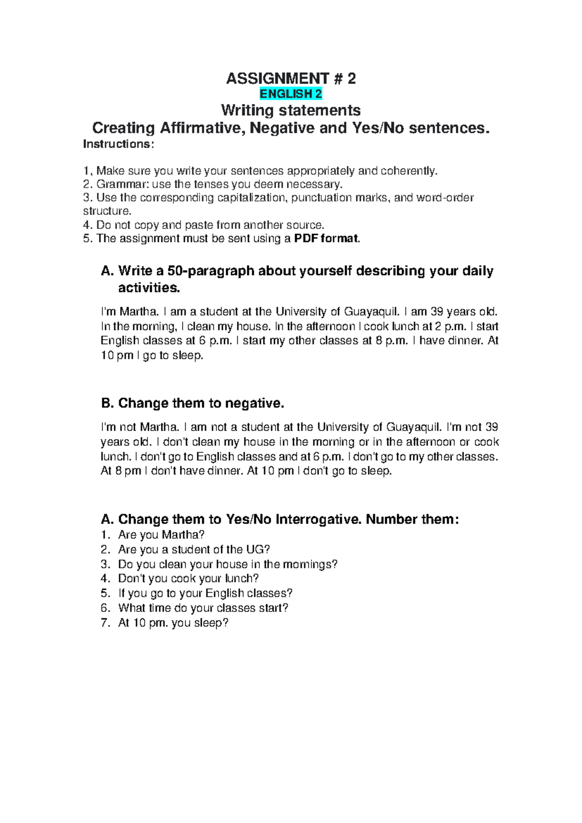 Assignment # 2 English 2 Writing statements Creating Affirmative ...