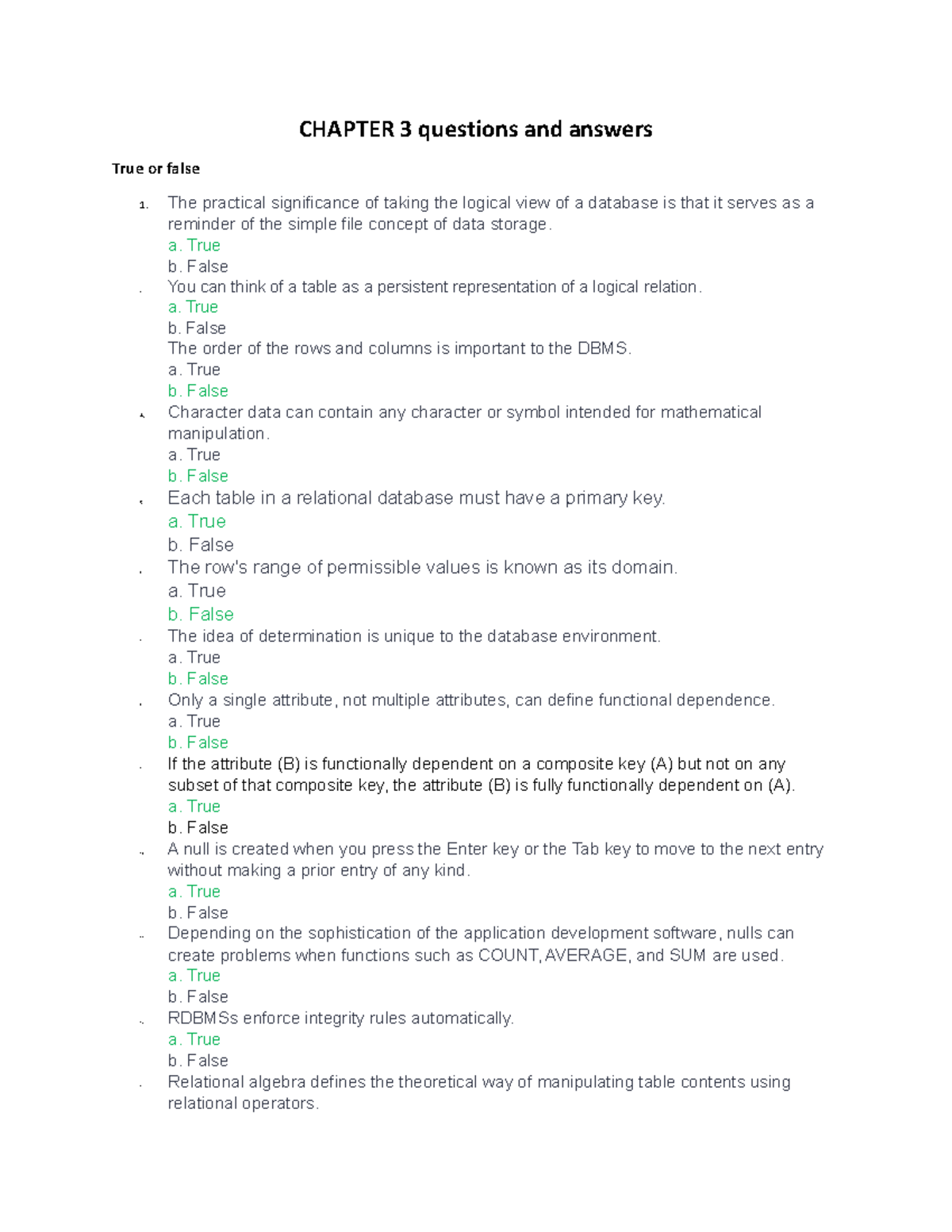 Chapter 3 questions and answers - CHAPTER 3 questions and answers True ...