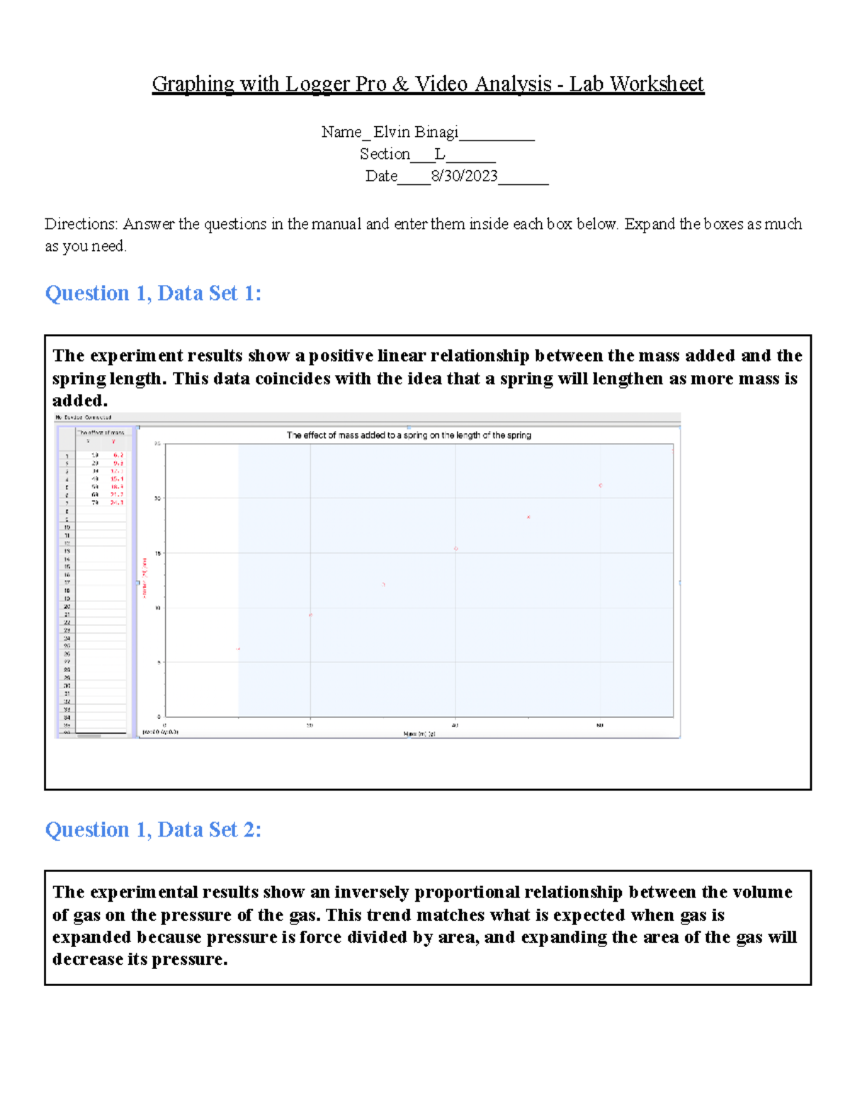 Physics Lab 1 - 132 - Graphing with Logger Pro & Video Analysis - Lab ...